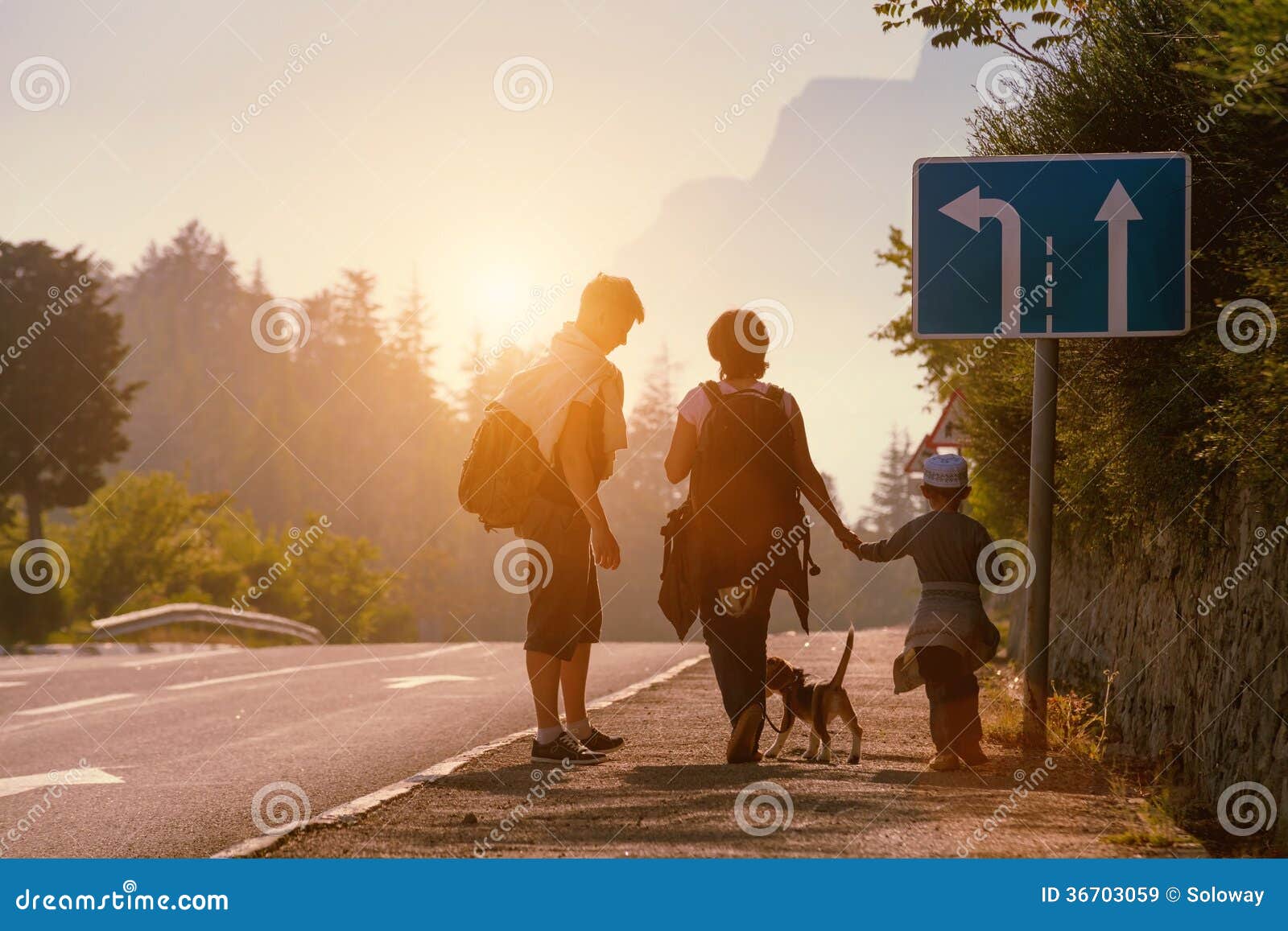 Family Backpackers Goes on Road at Sunset Stock Image - Image of ...