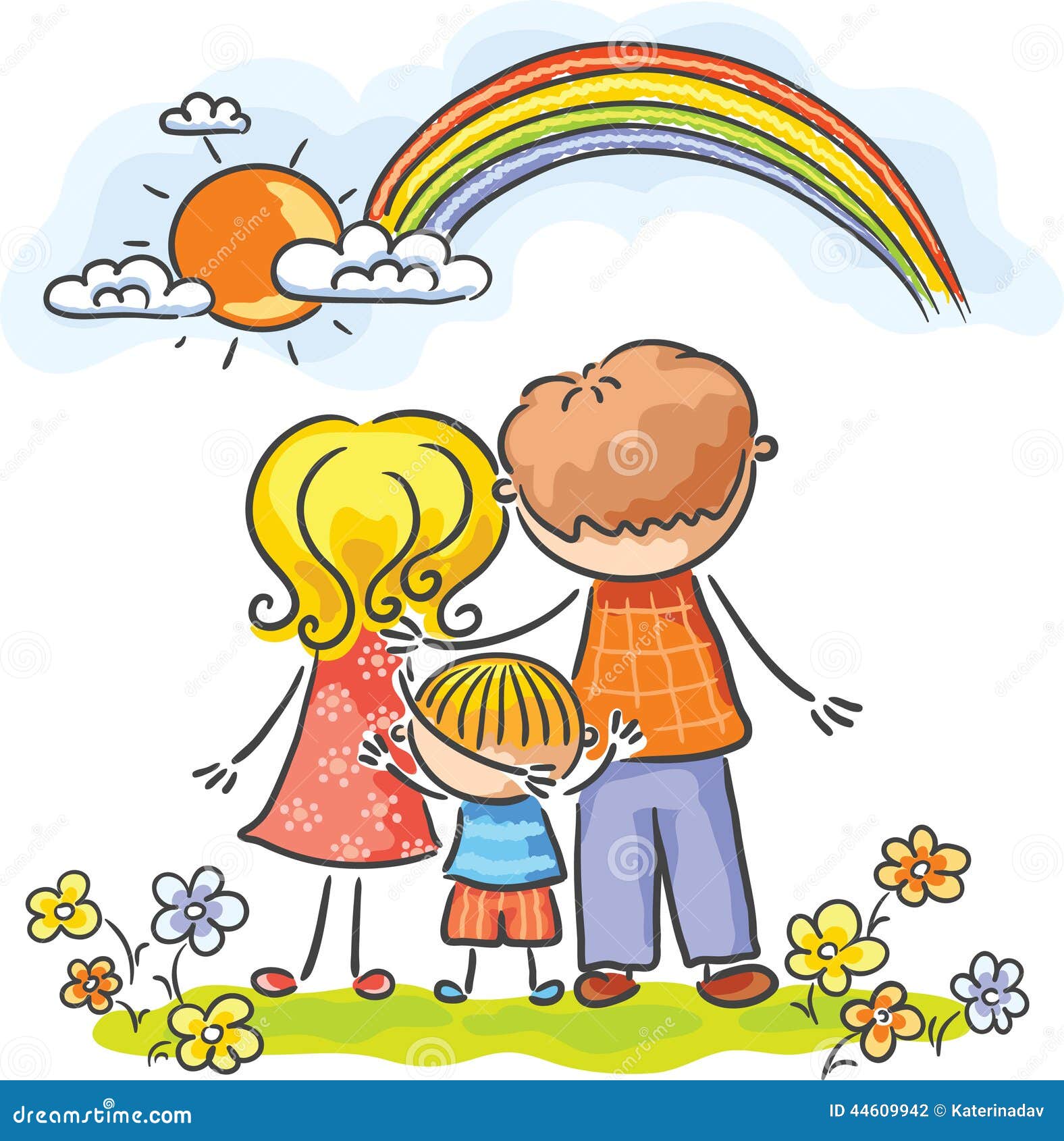 Family from Behind Looking at the Rainbow Stock Vector - Illustration ...