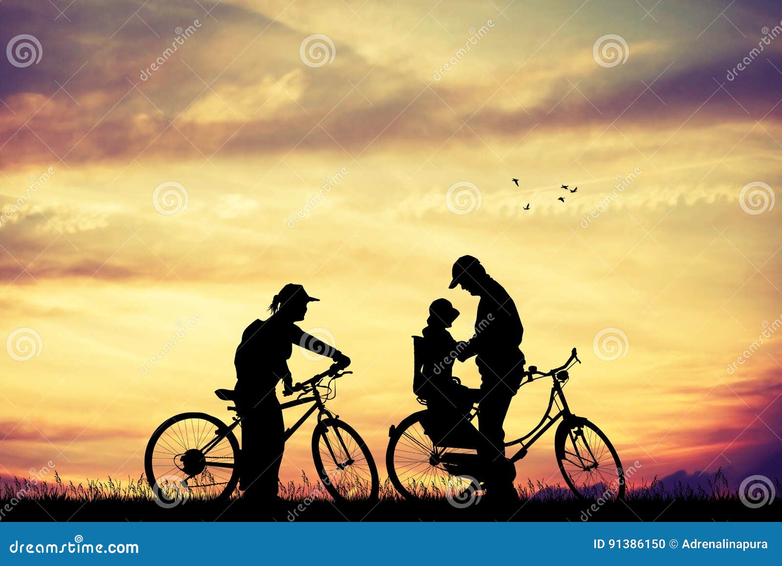 Family on Bicycle at Sunset Stock Illustration - Illustration of ...