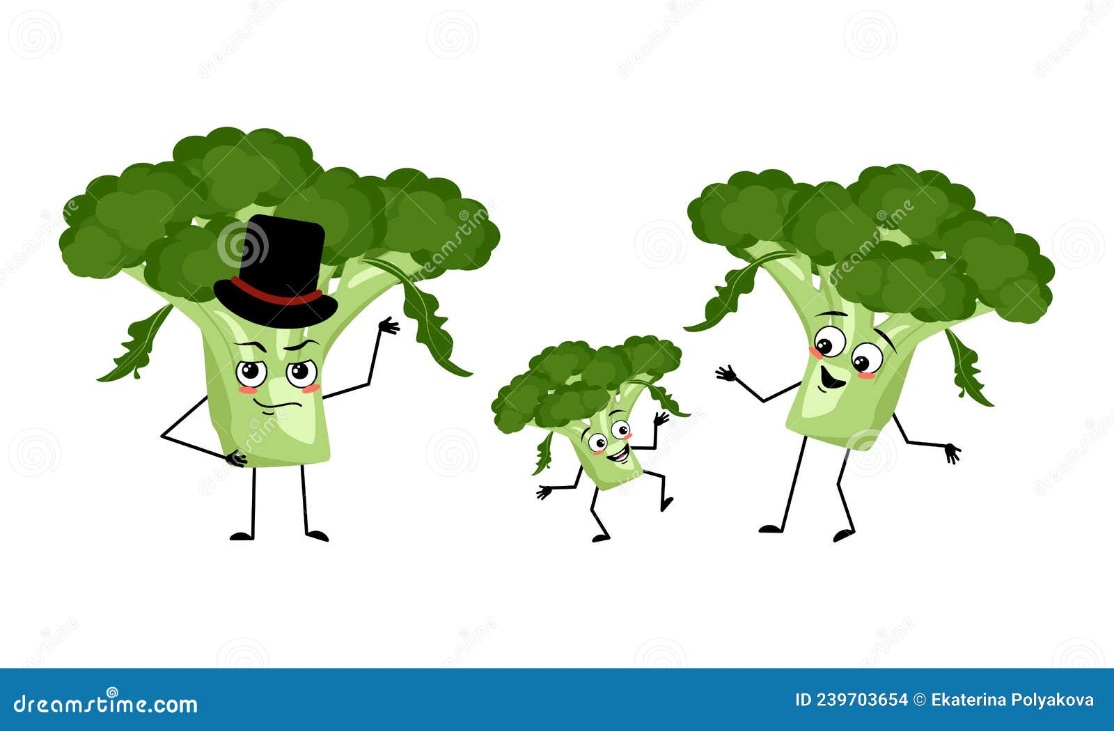 Family of Broccoli Characters with Happy Emotions Stock Illustration ...
