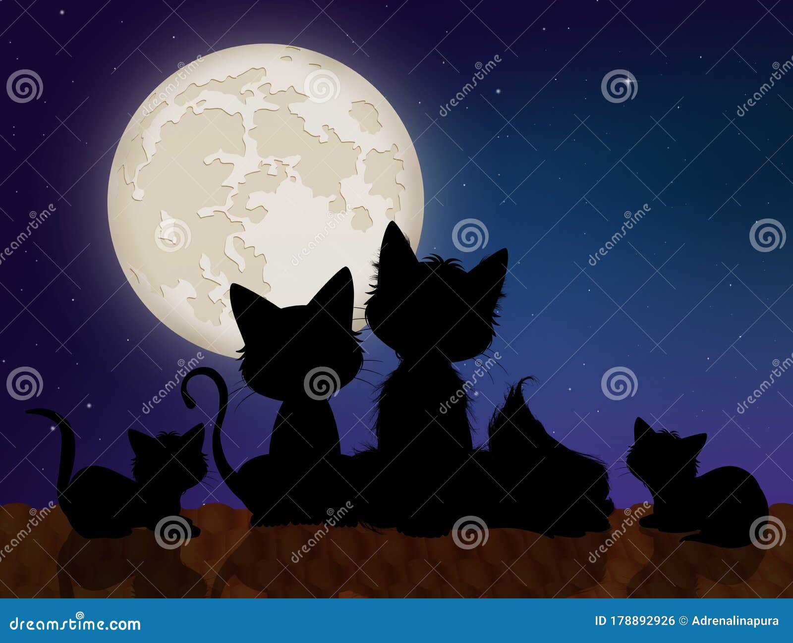 Family of Cats on the Roof in the Moonlight Stock Illustration ...