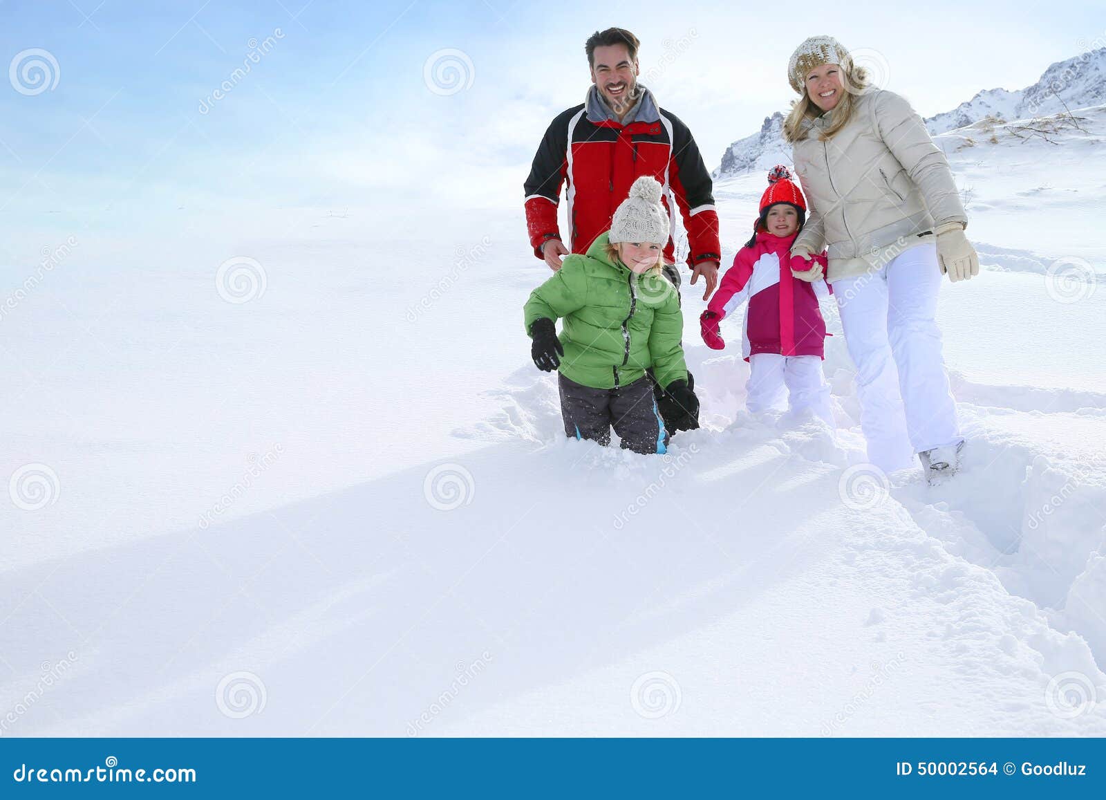 Family with Children Walking in Deep Snow Stock Photo - Image of ...