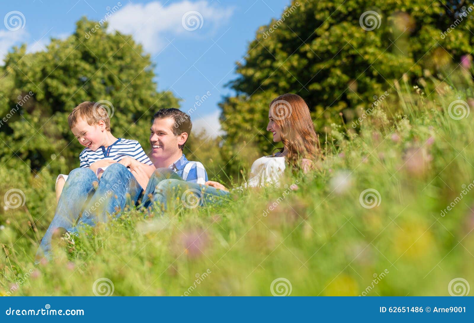 Family Cuddling Sitting on Meadow in Summer Stock Photo - Image of ...