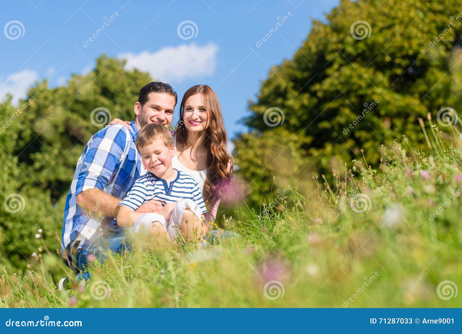 Family Cuddling Sitting on Meadow in Summer Stock Image - Image of ...