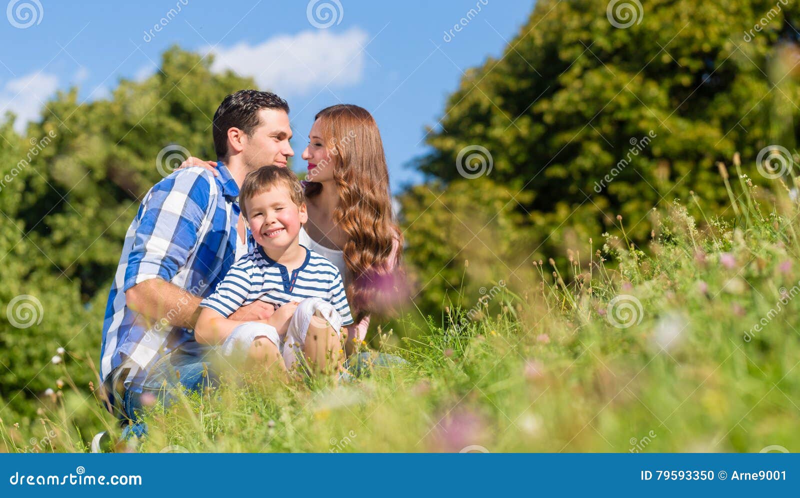 Family Cuddling Sitting on Meadow in Summer Stock Photo - Image of love ...