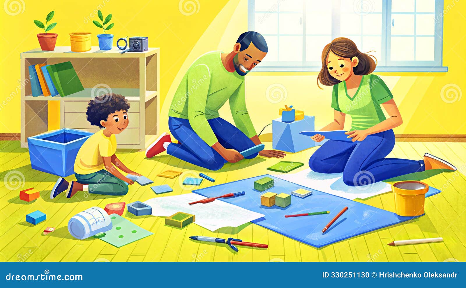 Family Dad Mom and Son Doing Creative Work in the Room Stock ...