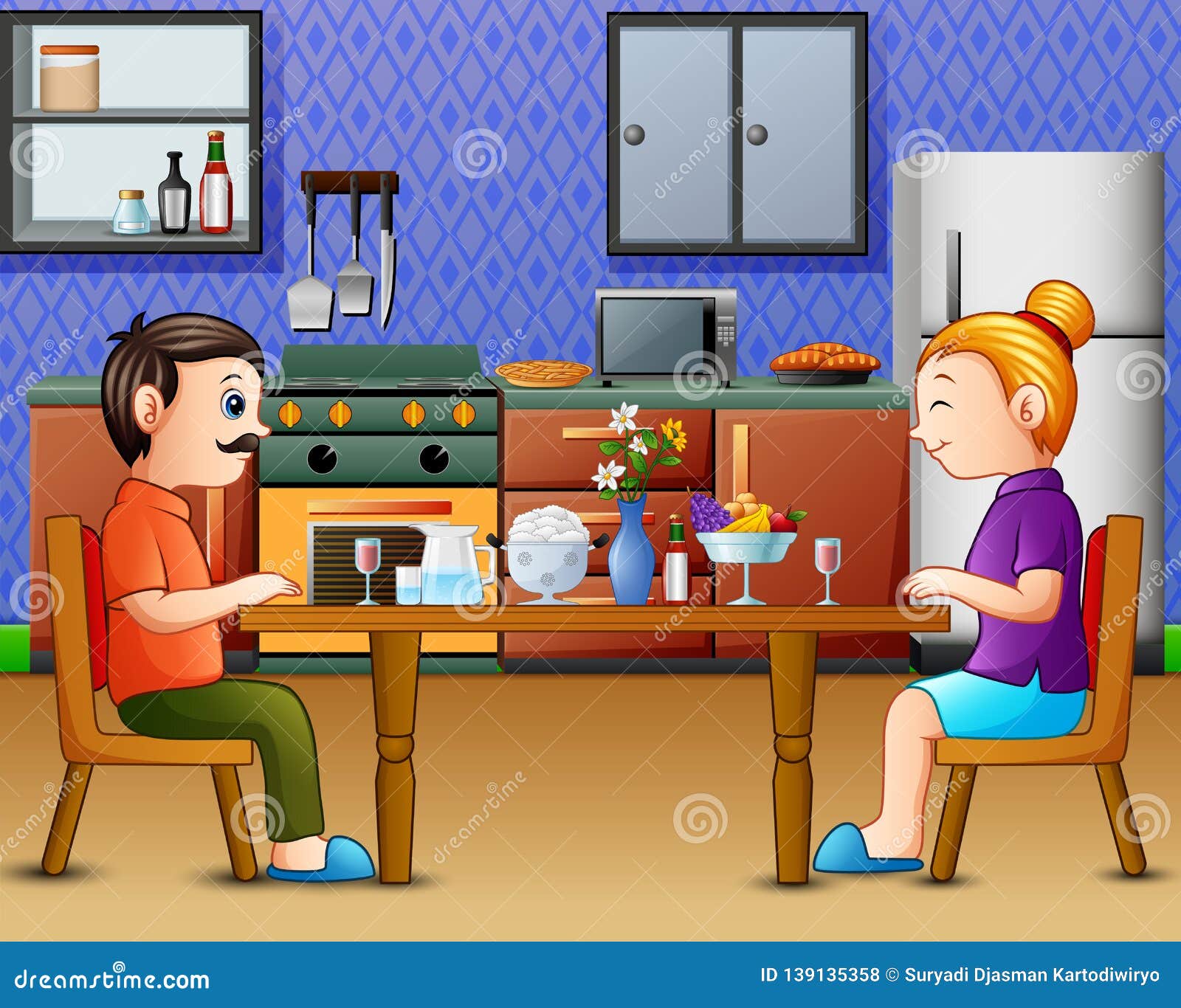 Family Dinner on the Kitchen Table with Mom and Dad Stock Vector ...