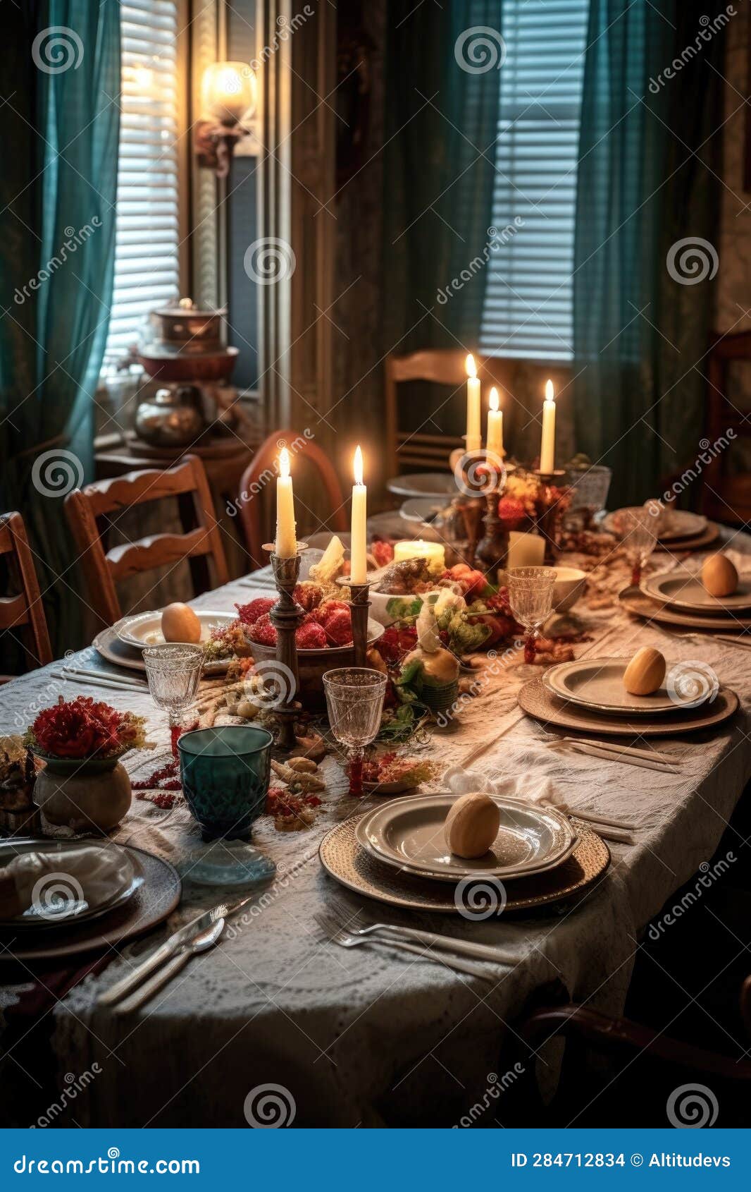 Family Dinner Table Set for a Festive Meal Stock Illustration ...