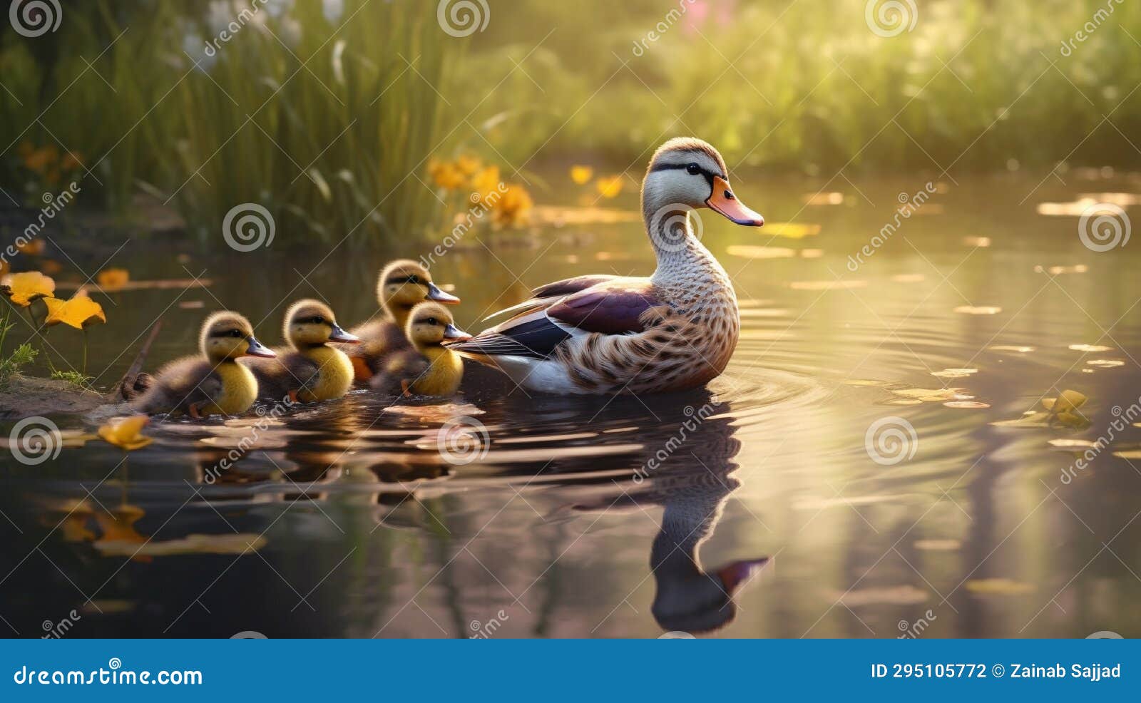 A Family of Ducks Floating with Reflection in the Water Stock ...