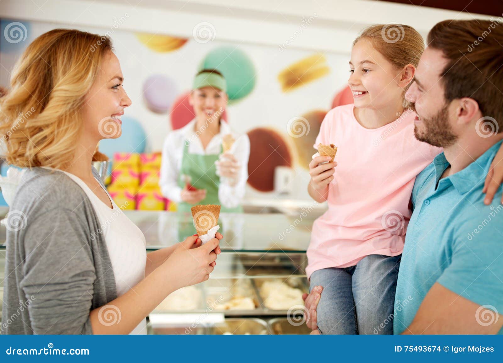 Family Eating Ice Cream in Bakery Stock Photo - Image of buying ...