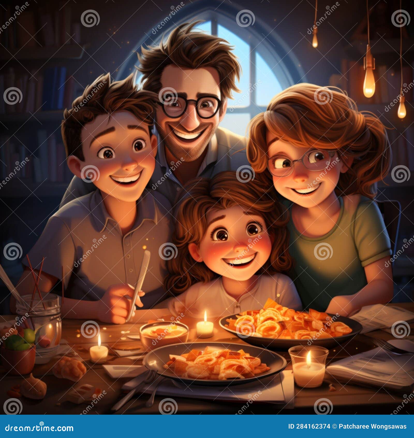 Family eating at the table stock illustration. Illustration of anime ...