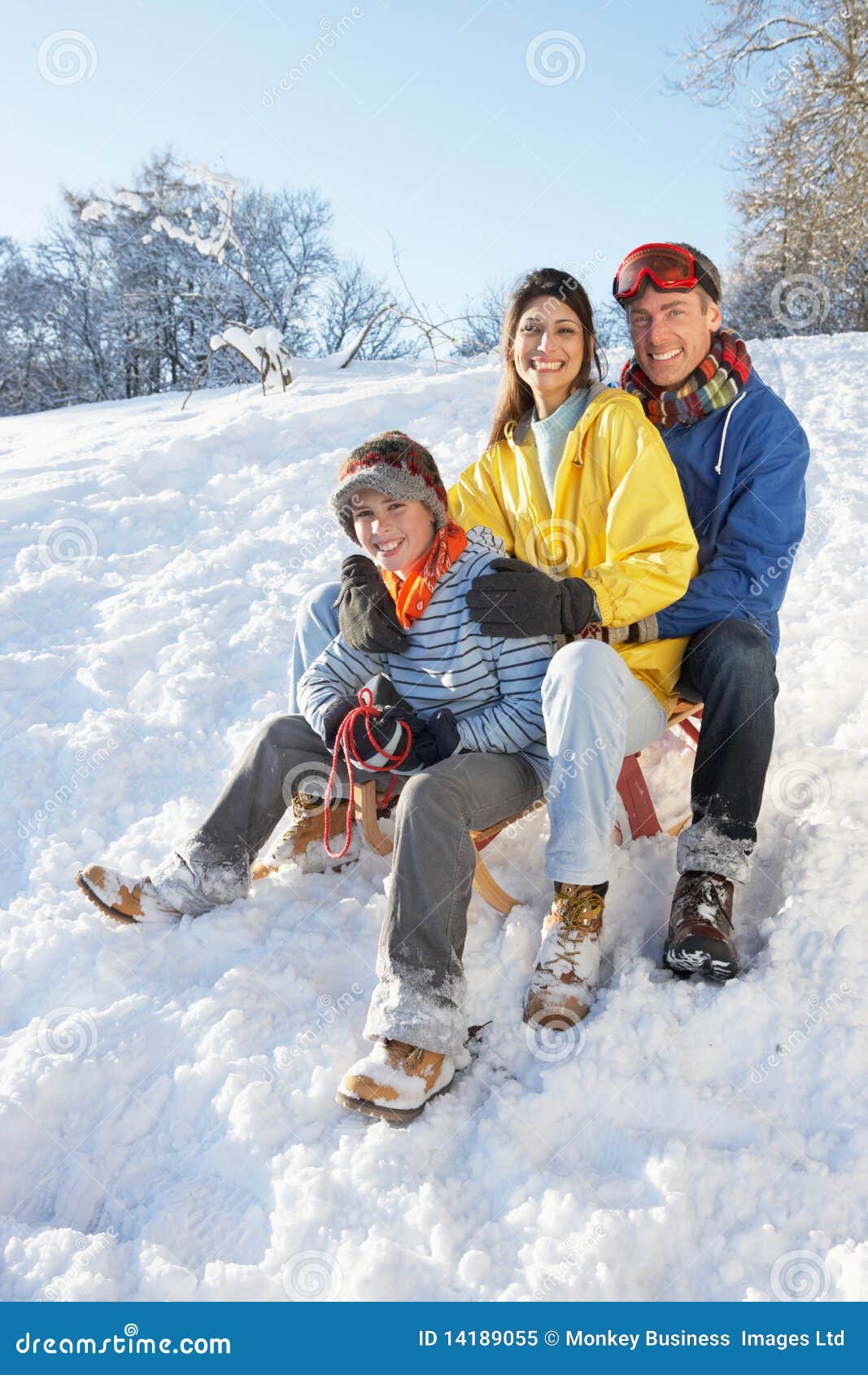 Family Enjoying Sledging Down Snowy Hill Stock Image - Image of frozen ...