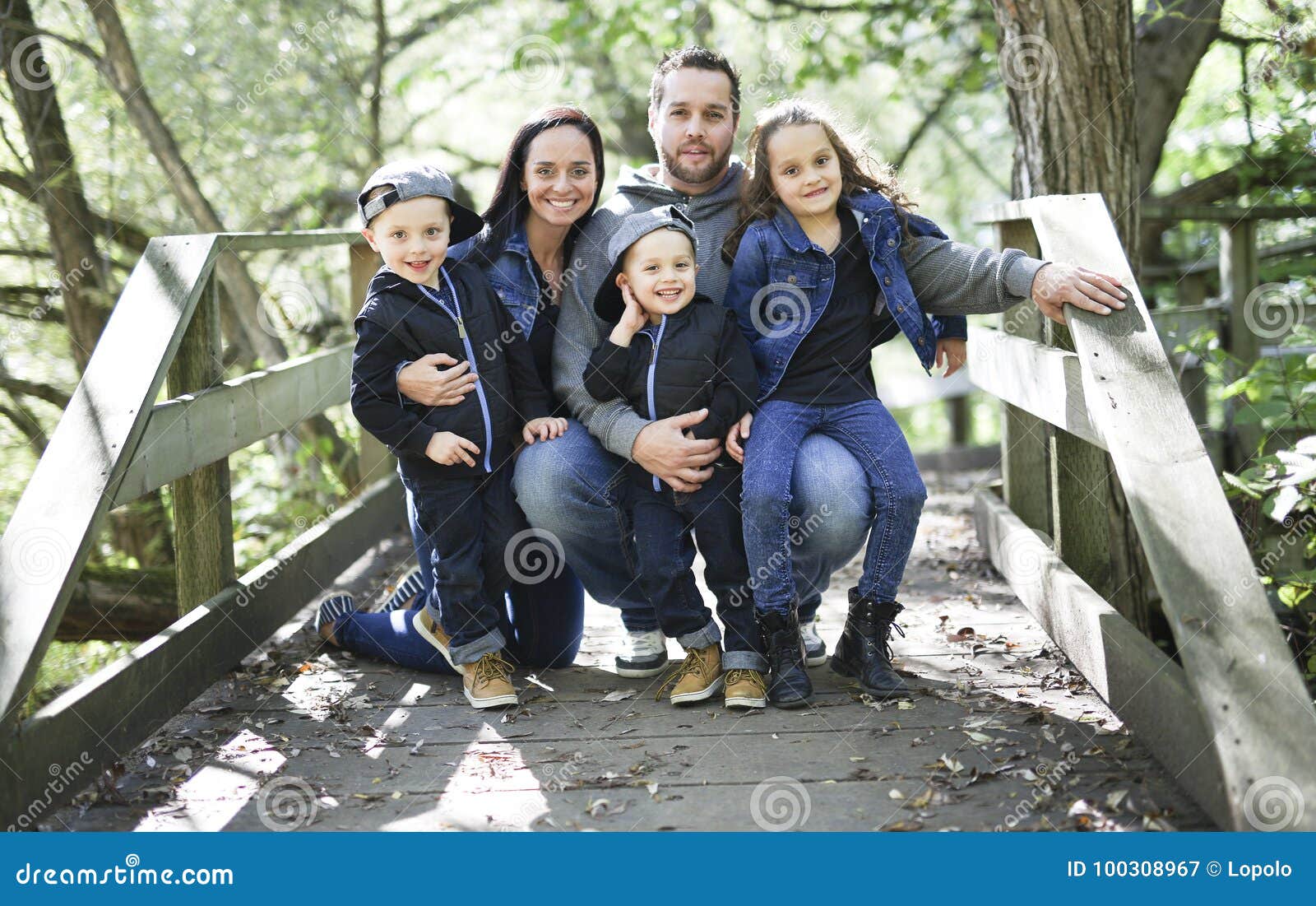 Family of Five Member in Woods Together Stock Image - Image of spring ...
