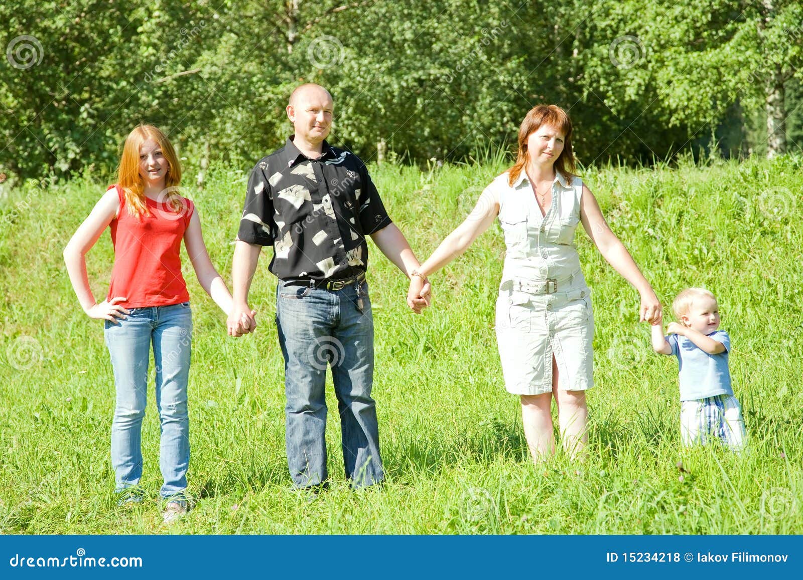 Family from Four Stands on Grass Stock Photo - Image of father, people ...
