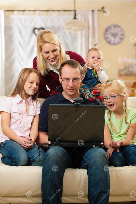 Family in Front of Computer Having Video Conferenc Stock Photo - Image ...