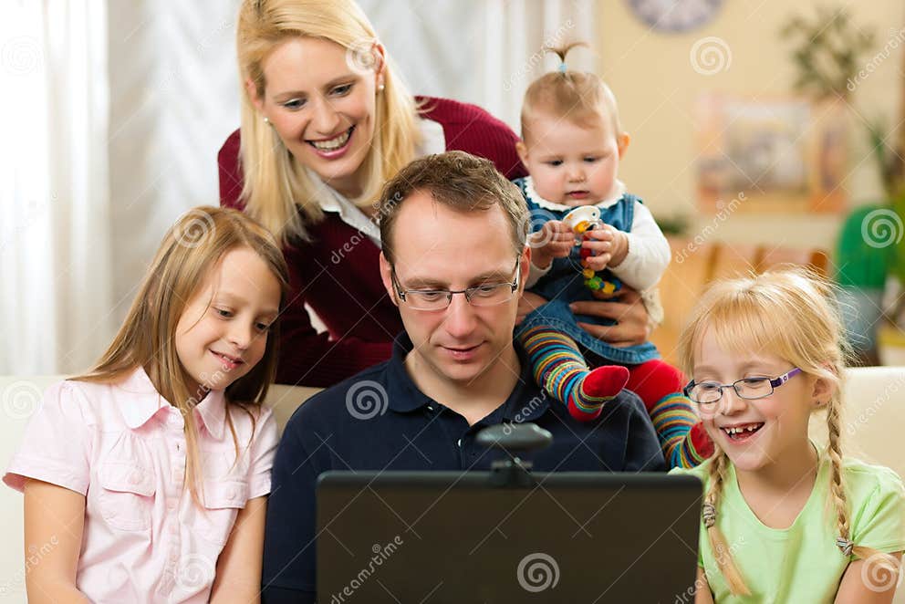 Family in Front of Computer Having Video Conferenc Stock Image - Image ...