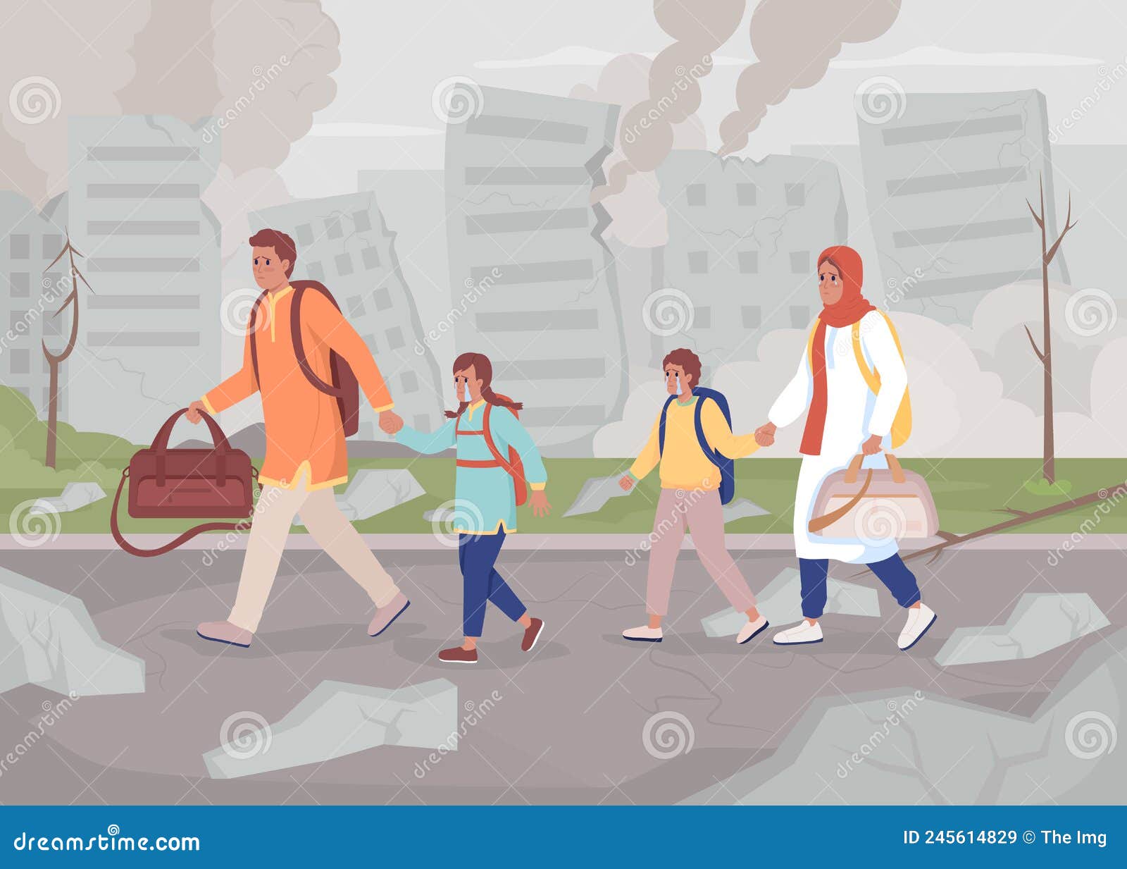 Family Getting Out of War-torn City Flat Color Vector Illustration ...