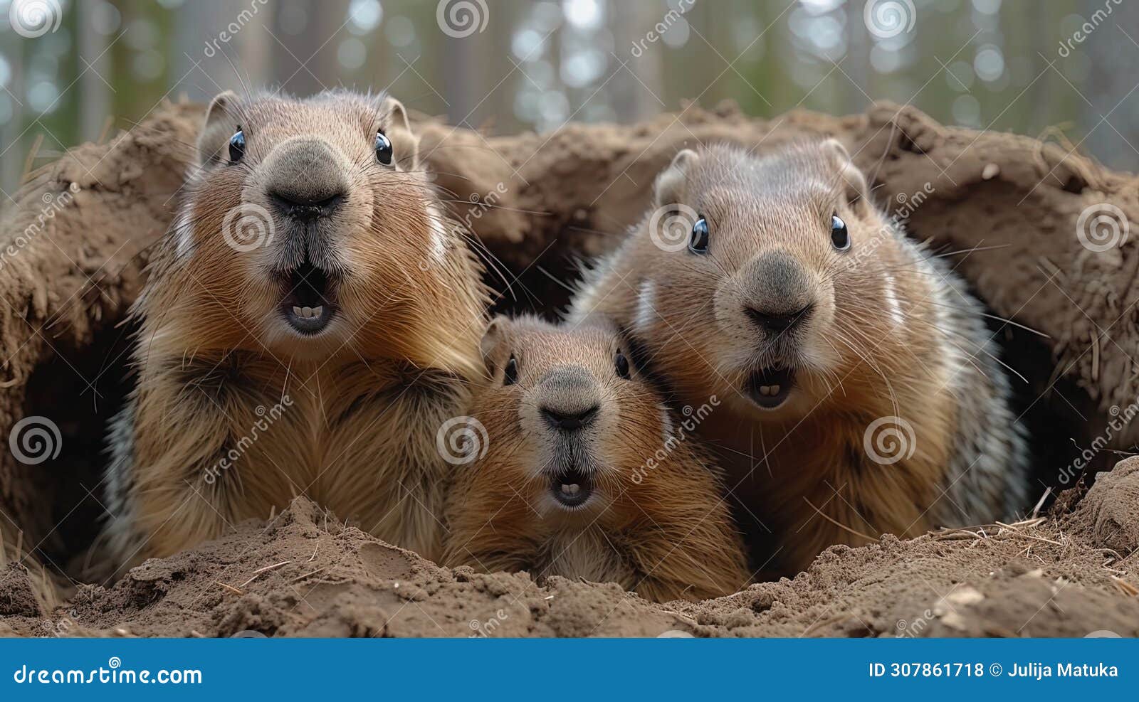 A Family of Groundhogs Peeking Out of Their Burrow, Curious and ...