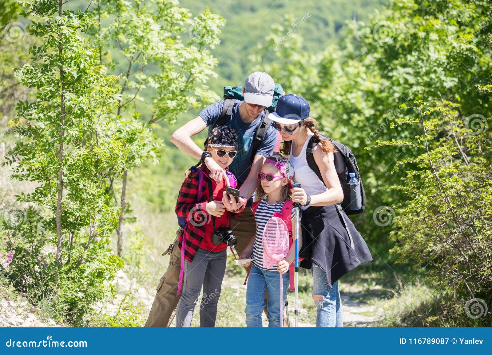 Family in a hike stock image. Image of backpack, forest - 116789087
