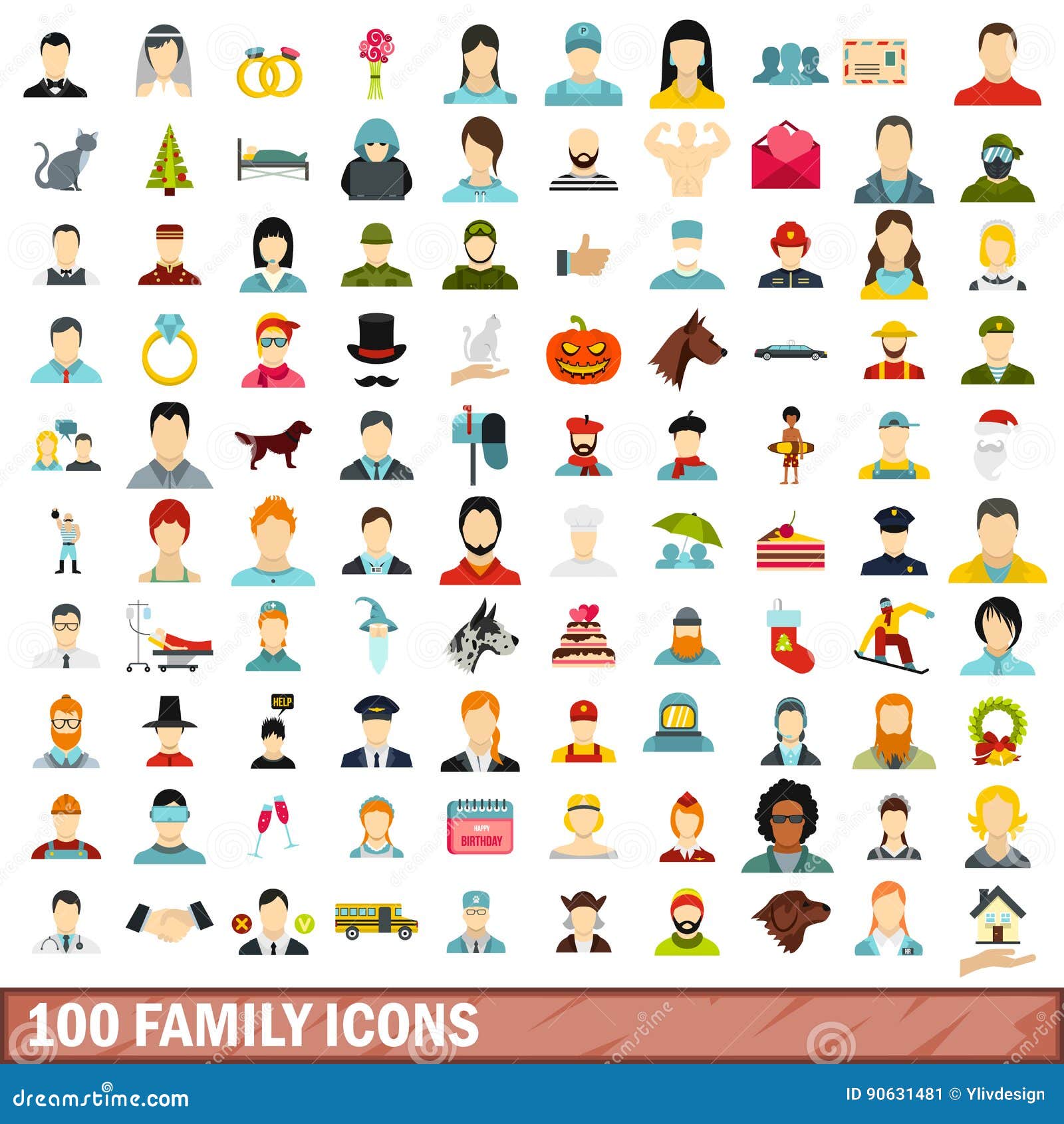 100 Family Icons Set, Flat Style Stock Vector - Illustration of husband ...