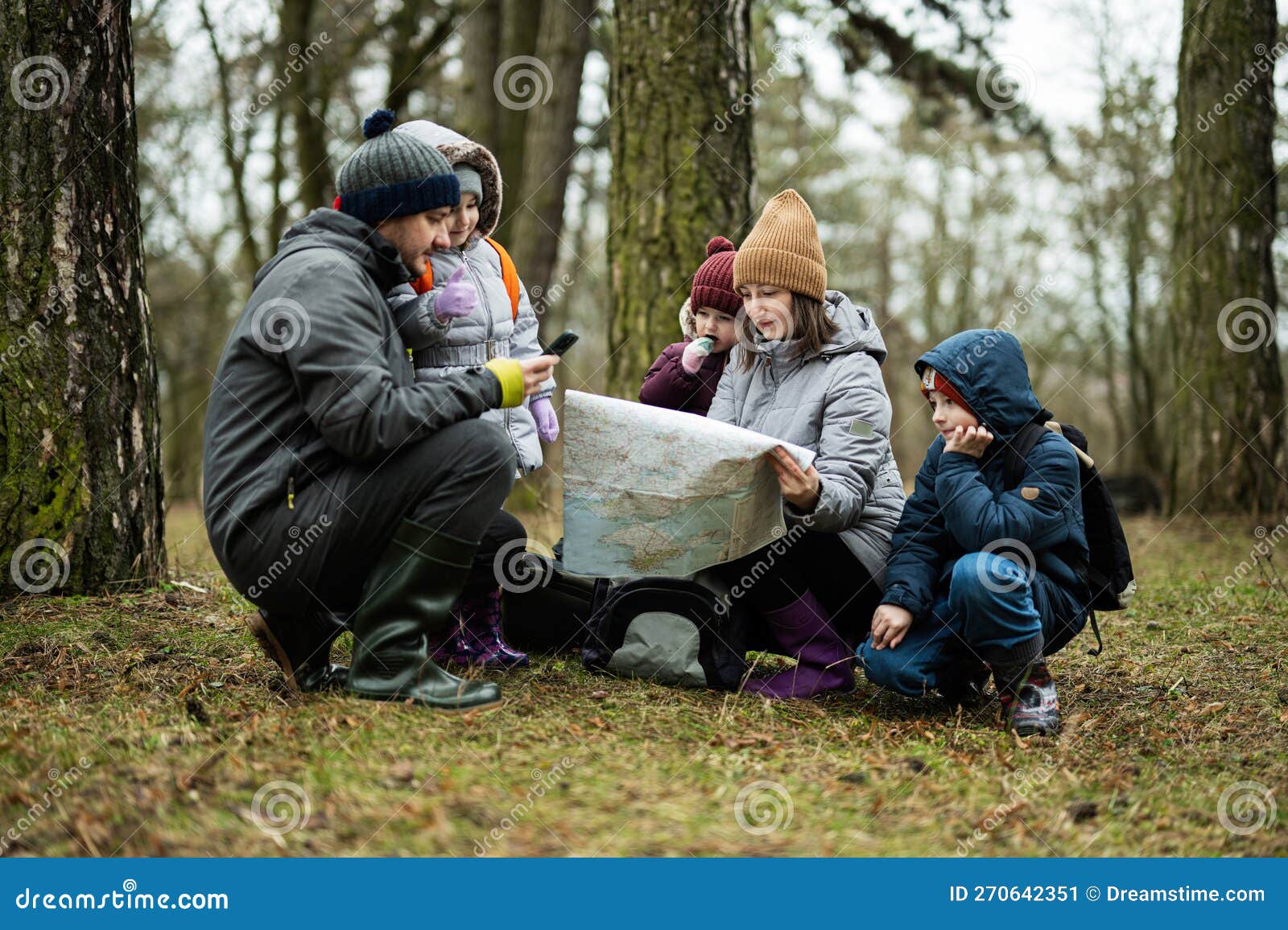 Family and Kids with Map in the Forest Stock Image - Image of tourist ...