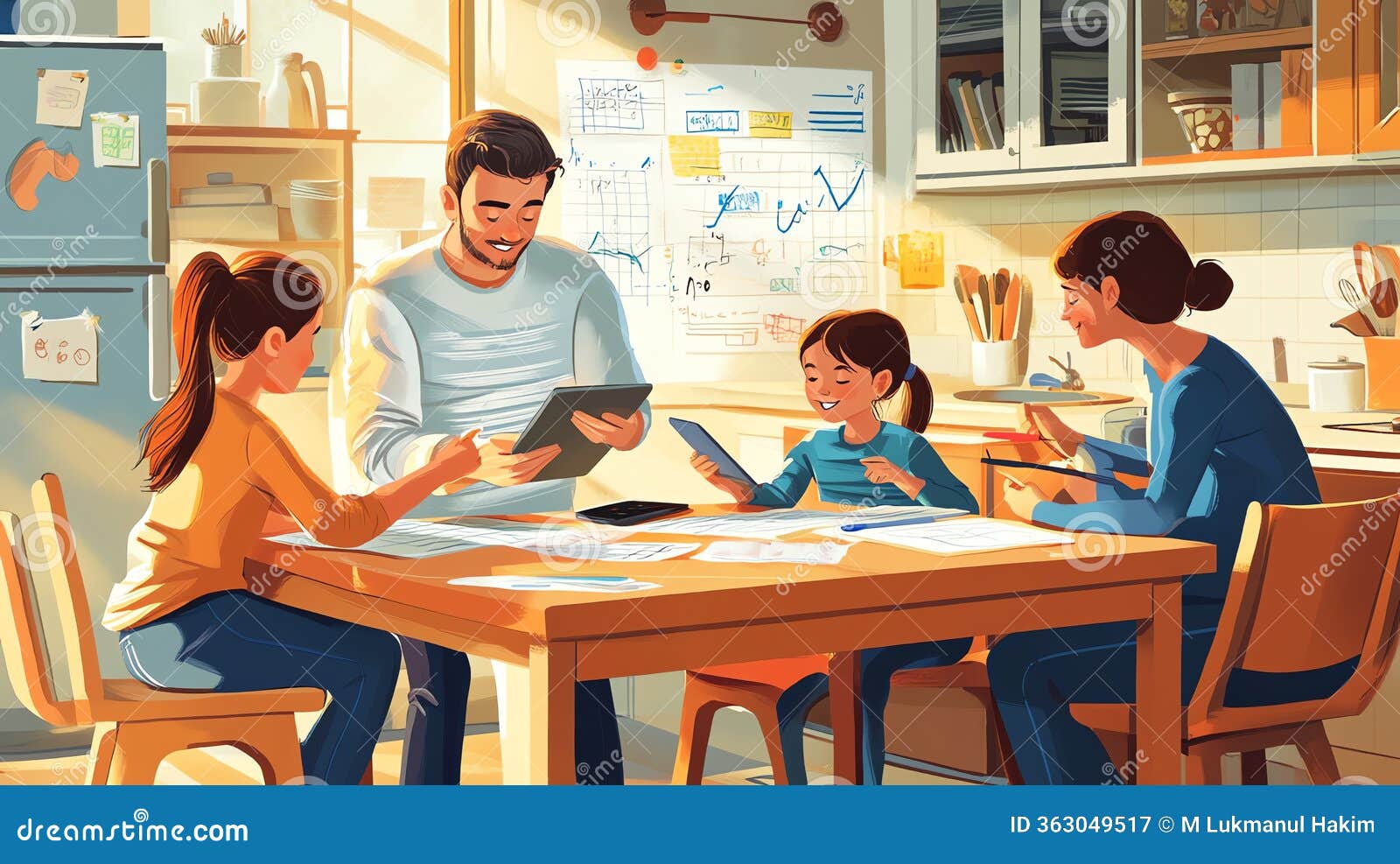 Family Kitchen Illustration: Digital Painting of a Family Using Tablets ...