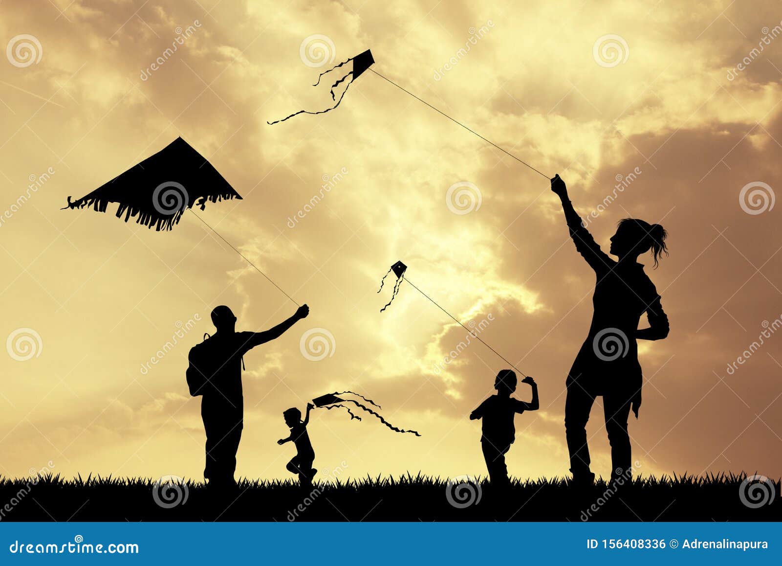 Family with kite at sunset stock illustration. Illustration of outdoor ...