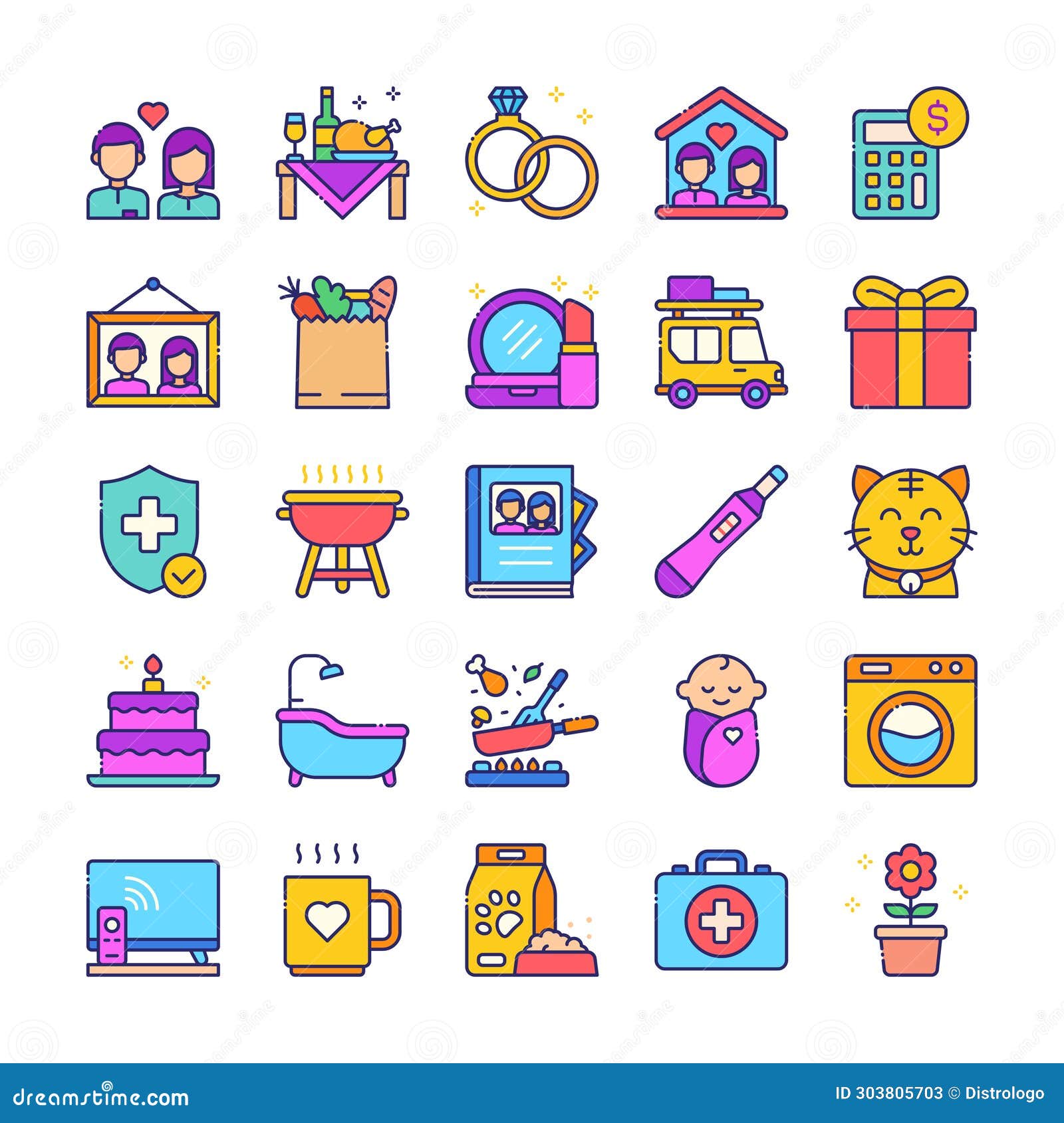 Family Life and Home daily Activity Icon Set in Flat Style Stock Vector ...