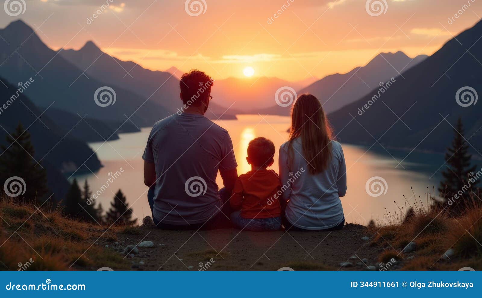 A Family Looks at the Sunset in the Mountains Stock Illustration ...