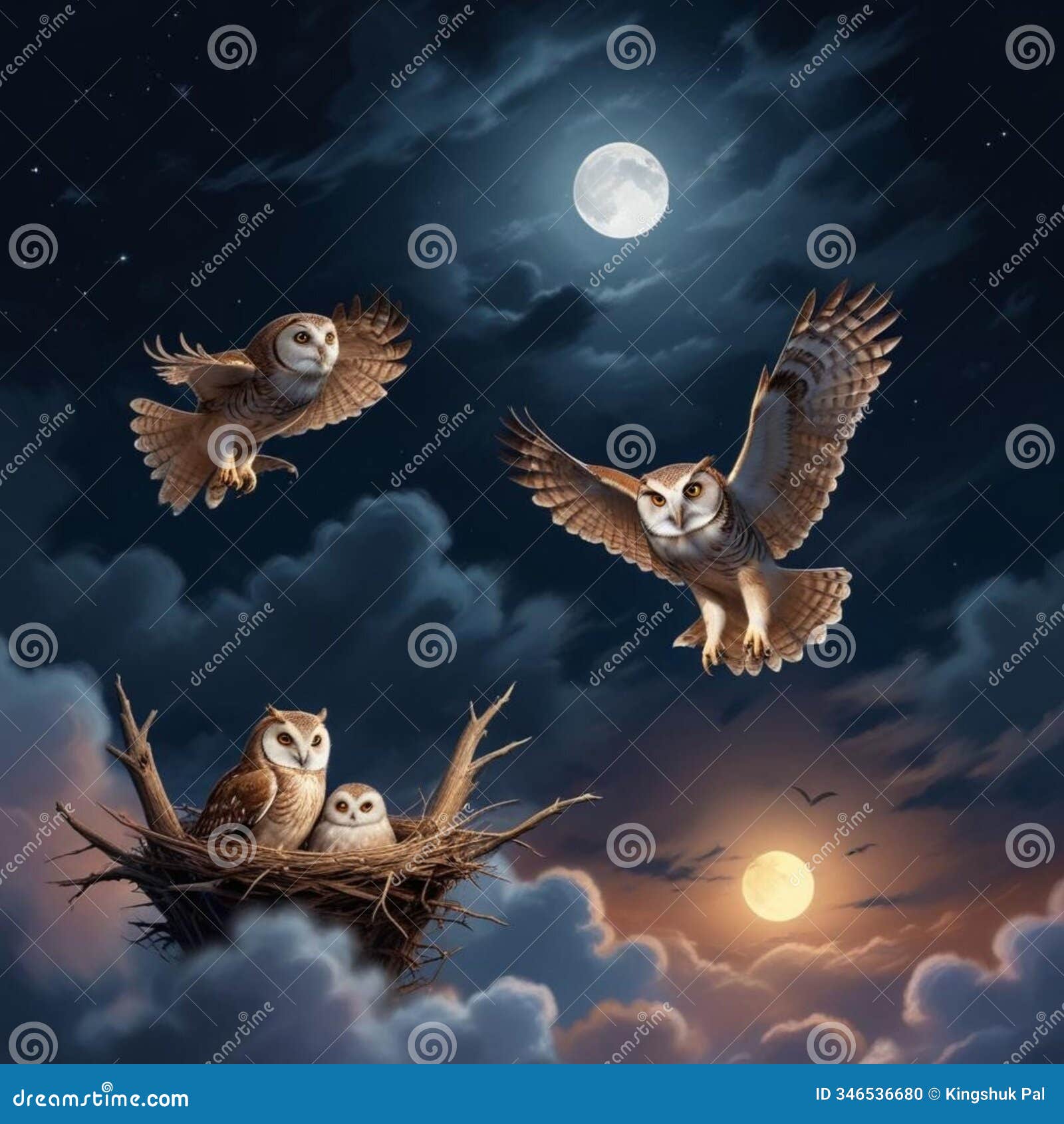 A Family of Owls in a Moonlit Night Sky, with Full Moon and Clouds in ...