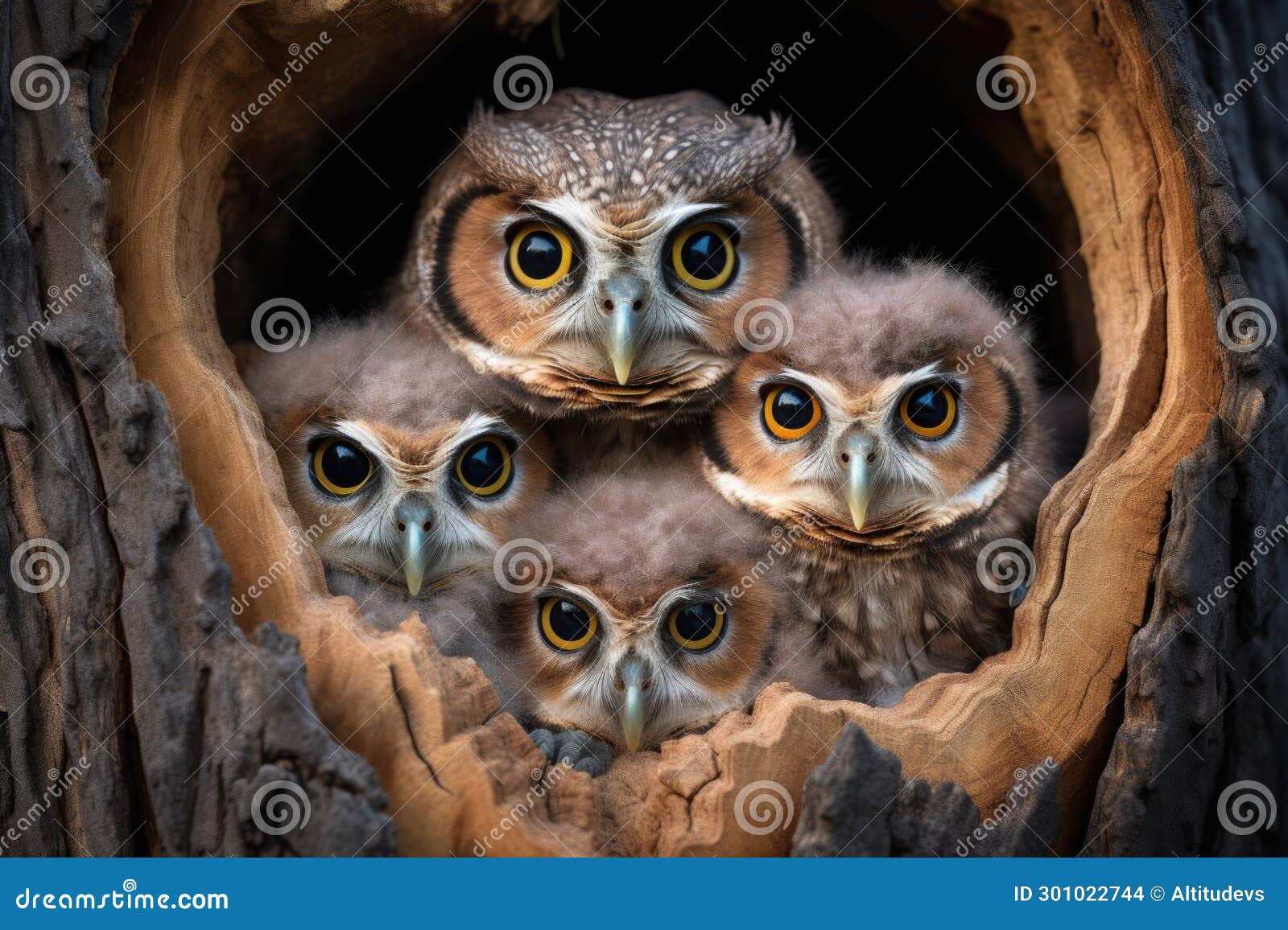 A Family of Owls Nested in a Hollow Tree, Baby Owls Visible Stock Photo ...