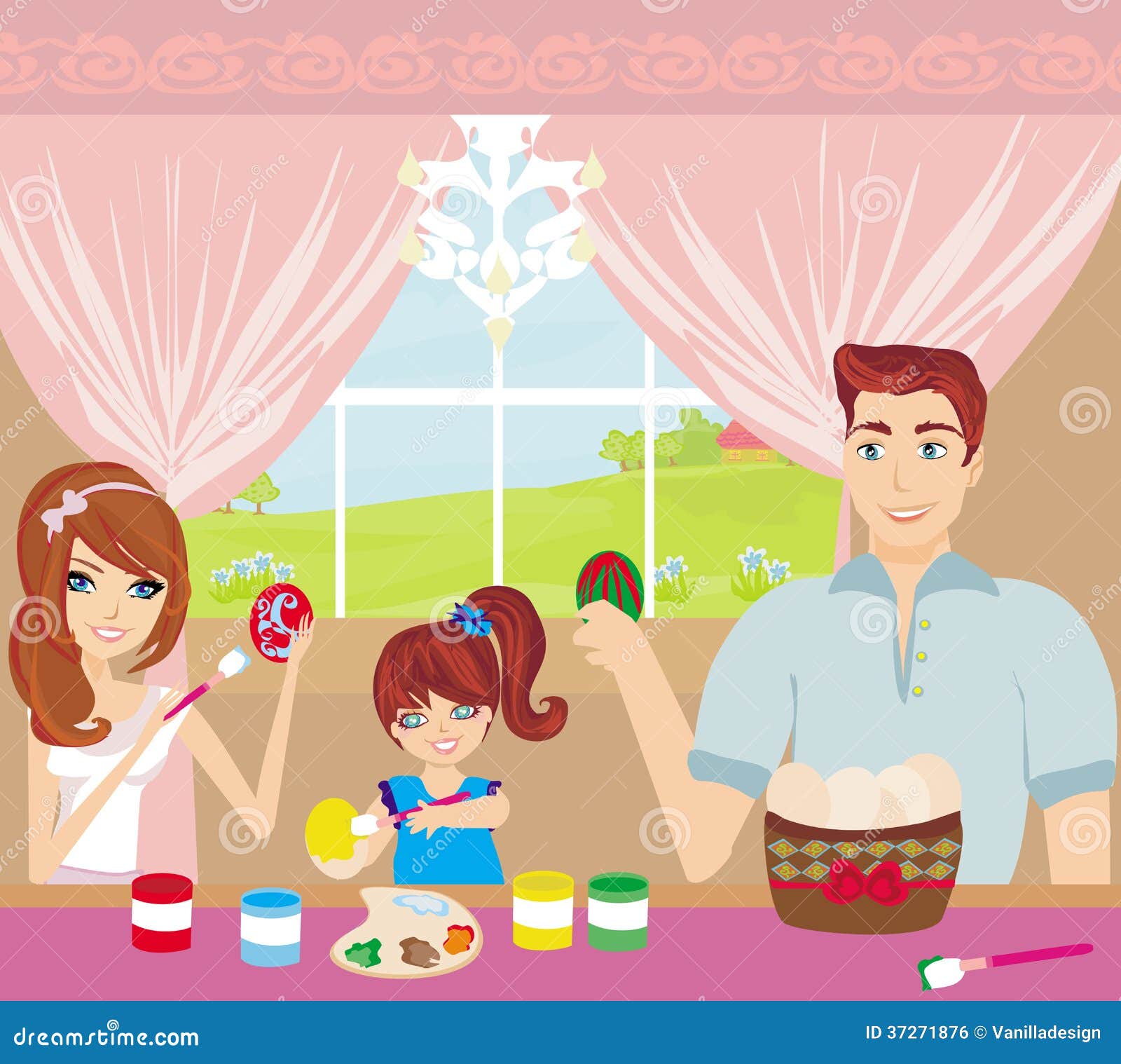 Family Painting Easter Eggs Stock Vector - Illustration of curly, girl ...
