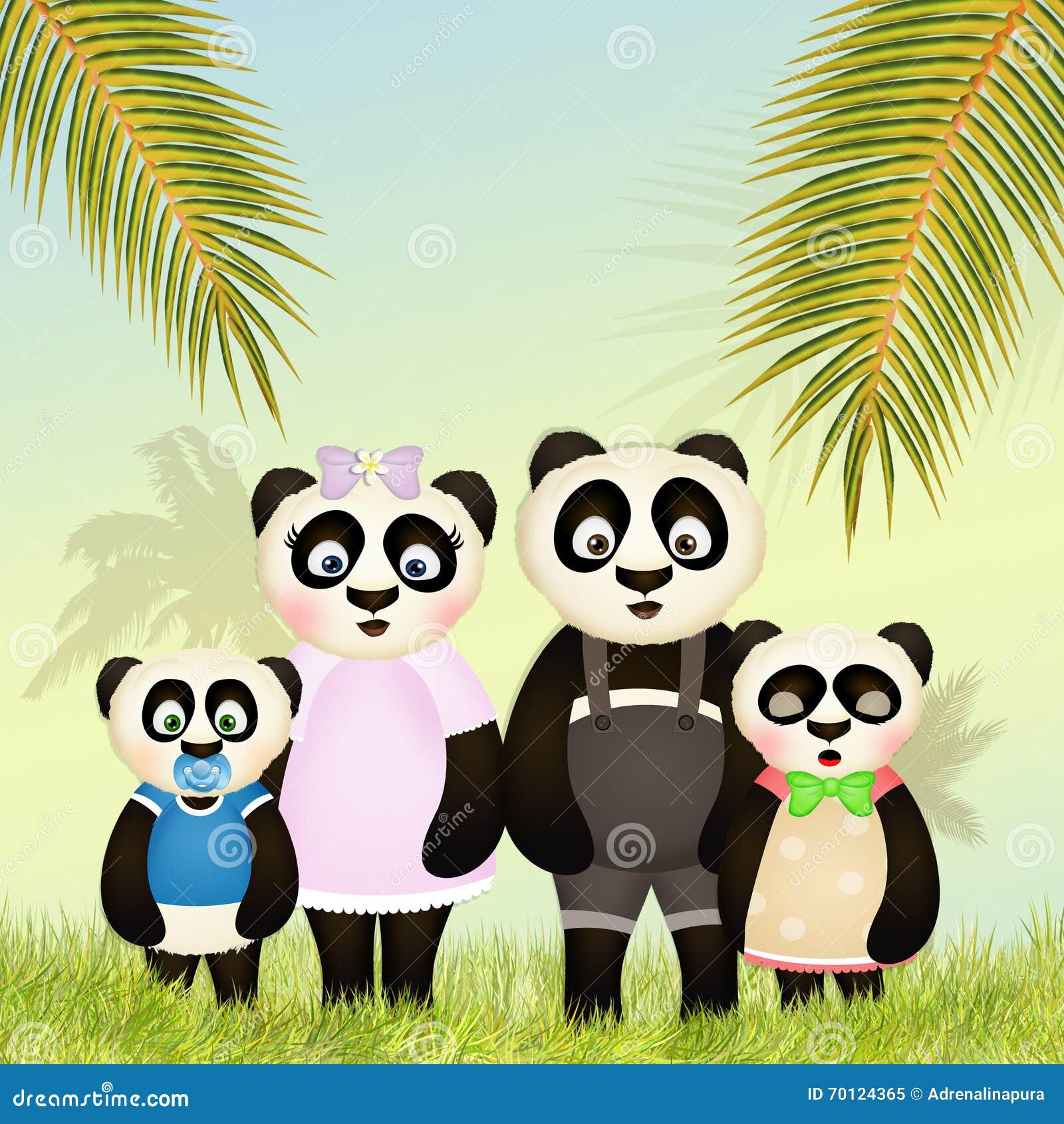 Family Panda On The Background Of Bamboo And Cartoon Vector ...