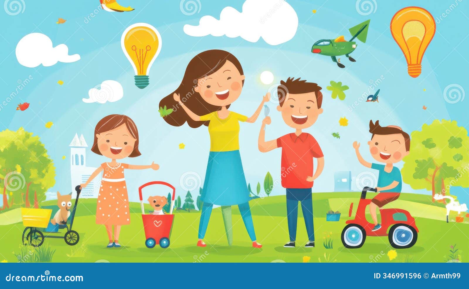 Family in the Park with New Eco Friendly Ideas Flat Vector Illustration Stock Illustration ...