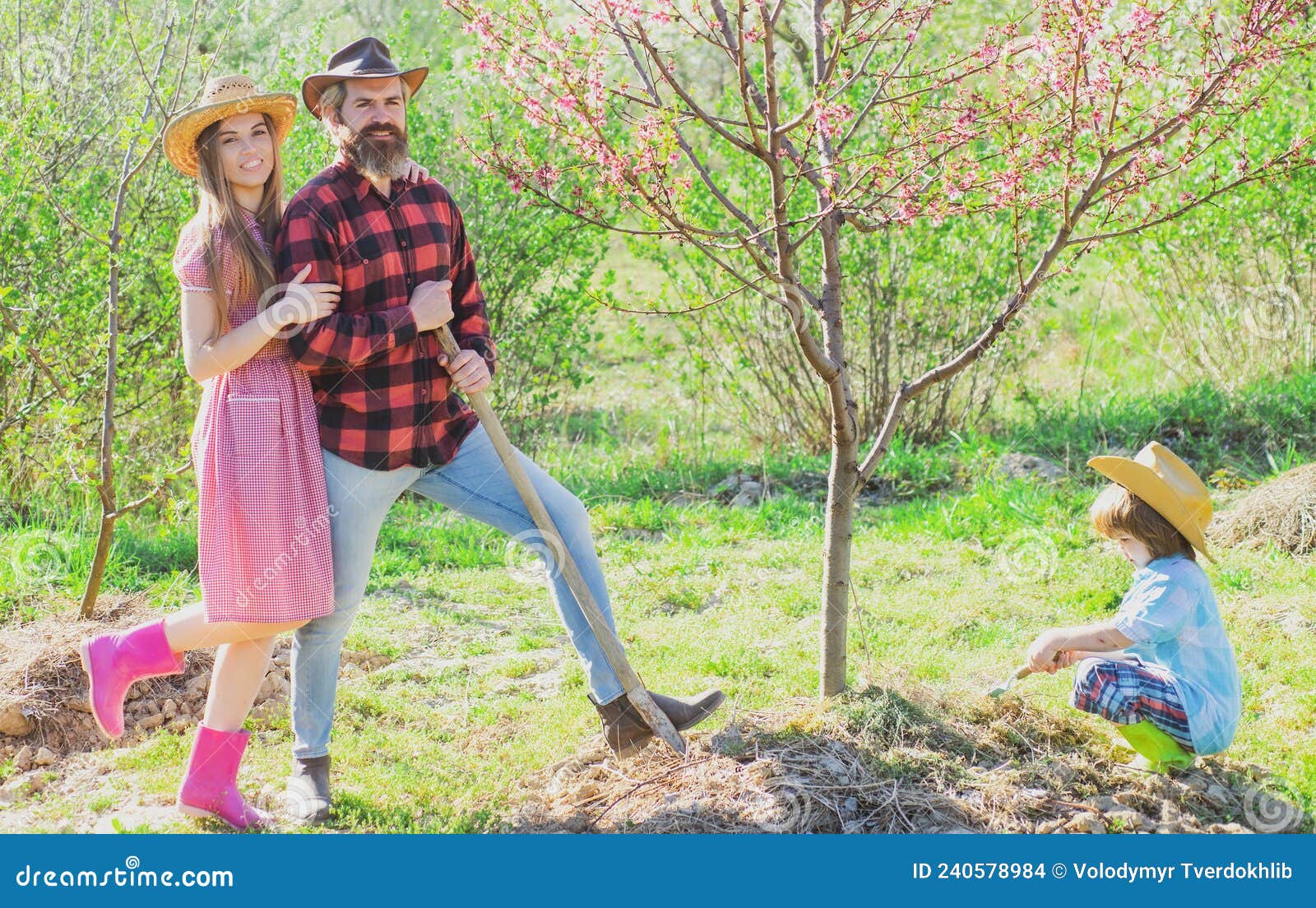 Family Plant in Tree Garden at Spring. Group Work in Springtime Yard ...