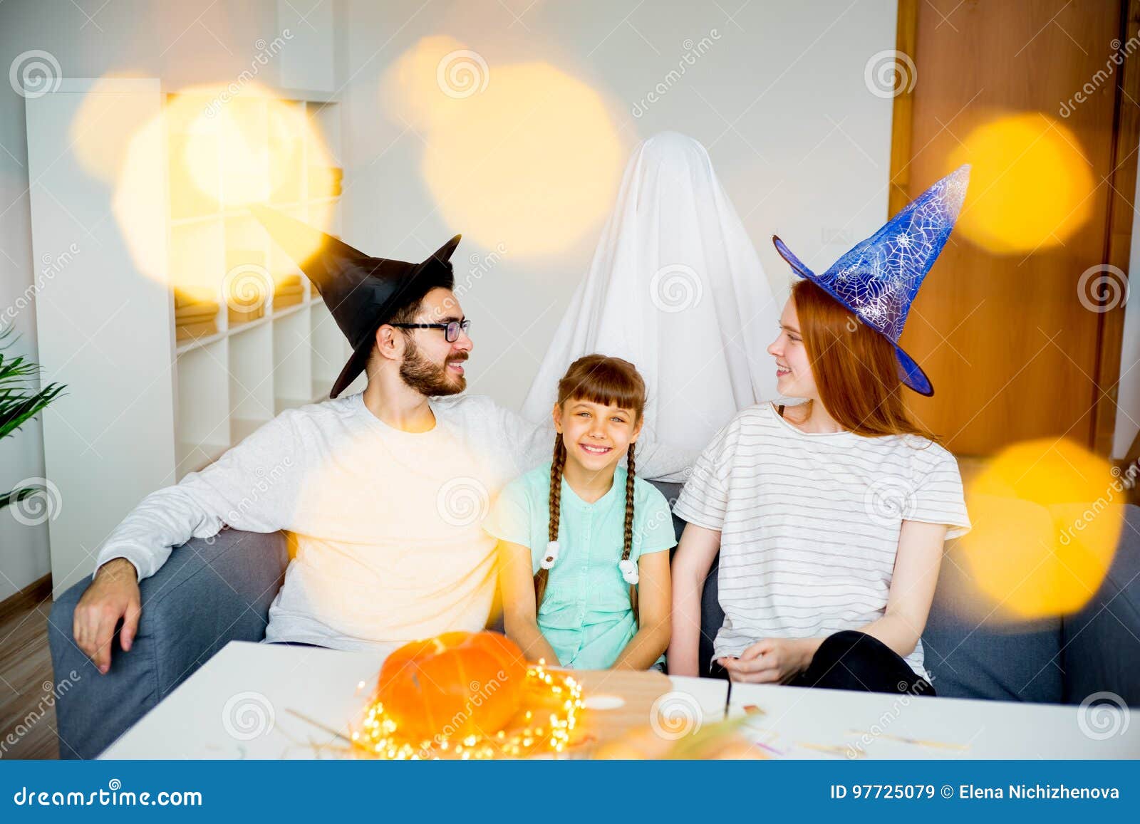 Family Of Witches And Wizards Walking In The Autumn Forest Holding ...