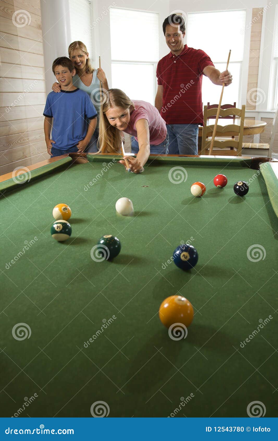 Family Playing Pool in Rec Room Stock Photo - Image of adult, game ...