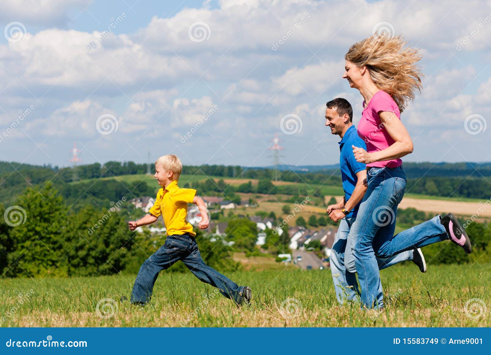 Family Playing Tag on Meadow in Summer Stock Image - Image of sport ...