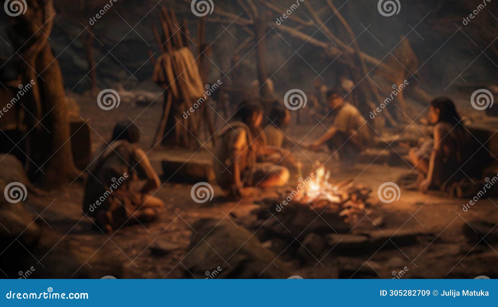 A Family of Primitive People Gathering Around a Fire for Dinner Stock ...