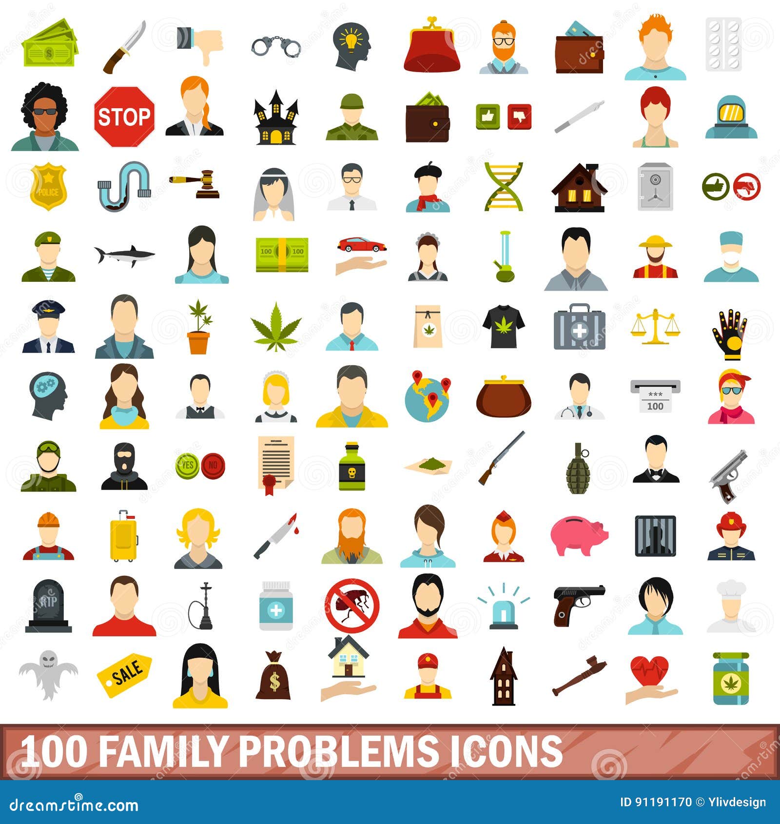 100 Family Problems Icons Set, Flat Style Stock Vector - Illustration ...