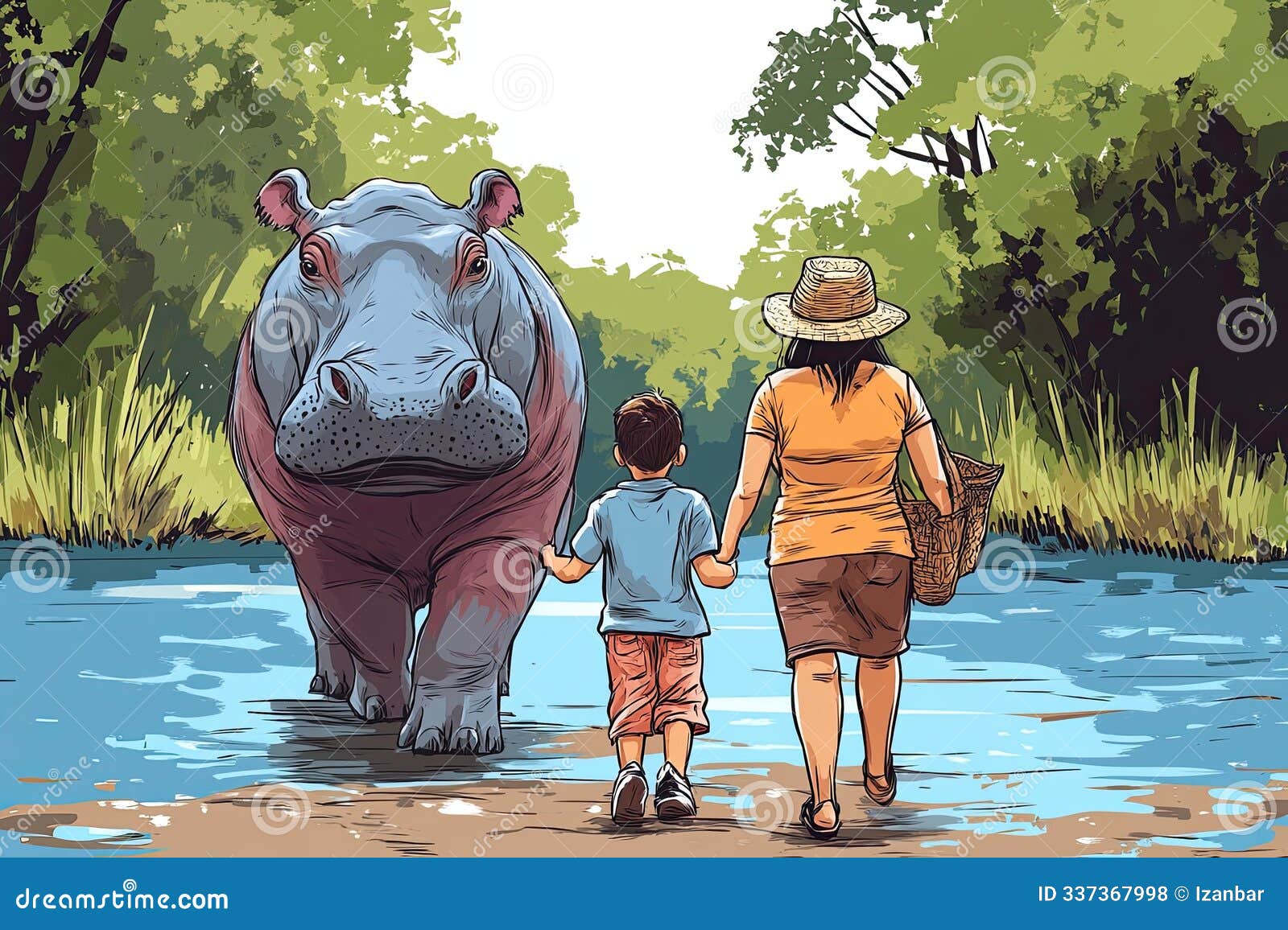 Family Promenading with Hippo Illustration Generative AI Stock ...