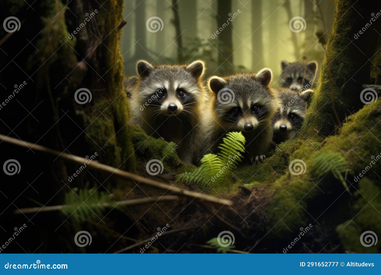 A Family of Raccoons Exploring a Forest Stock Image - Image of nature ...