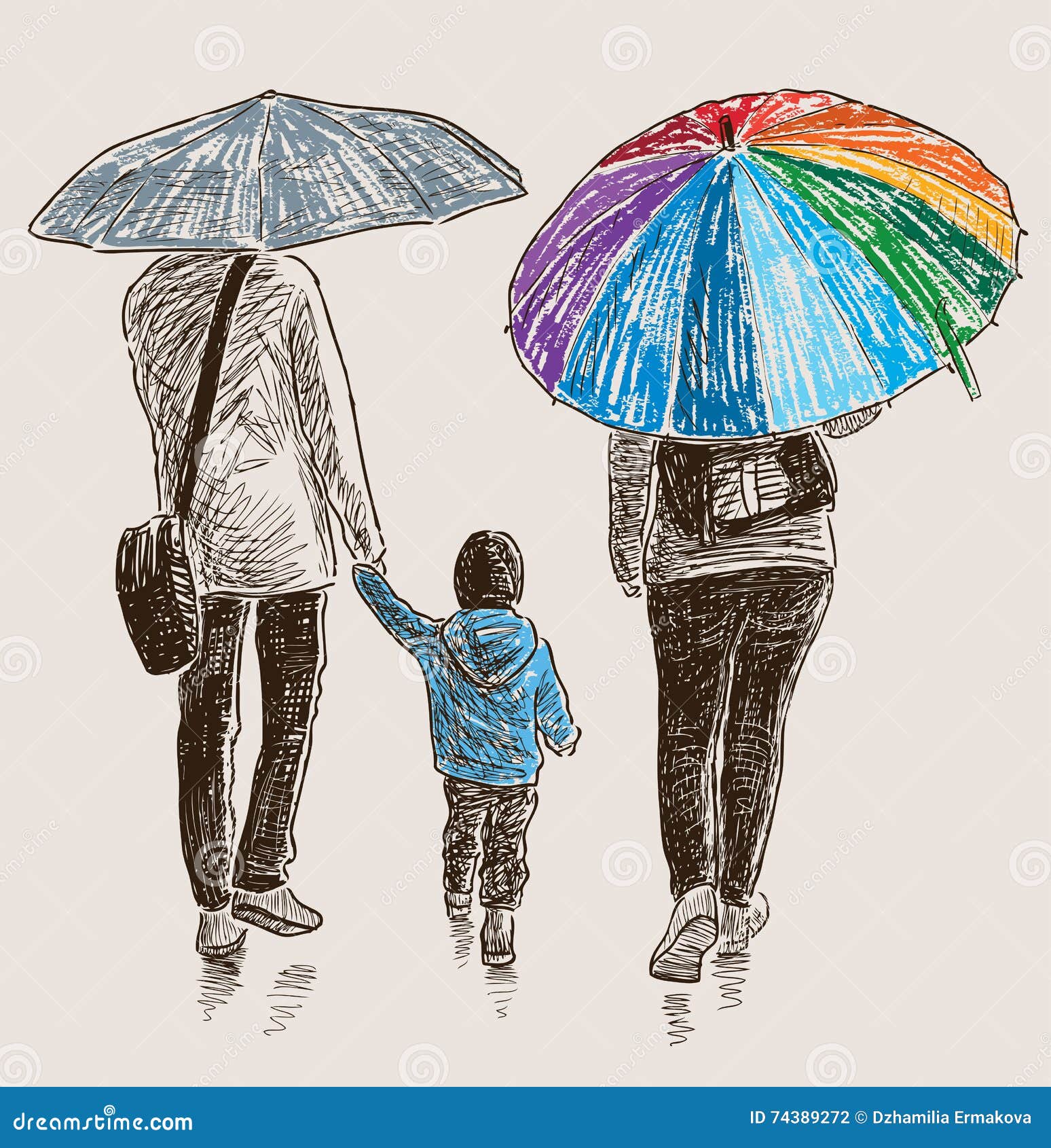 Family in the rain stock vector. Illustration of drawn - 74389272
