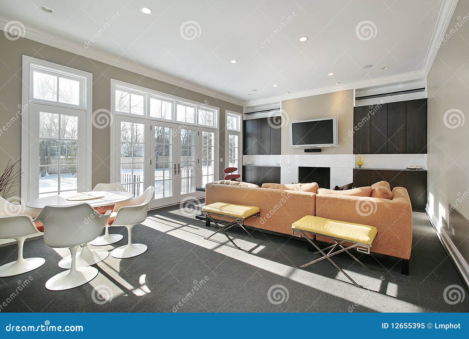Family Room with Wall of Windows Stock Image - Image of home, leather ...