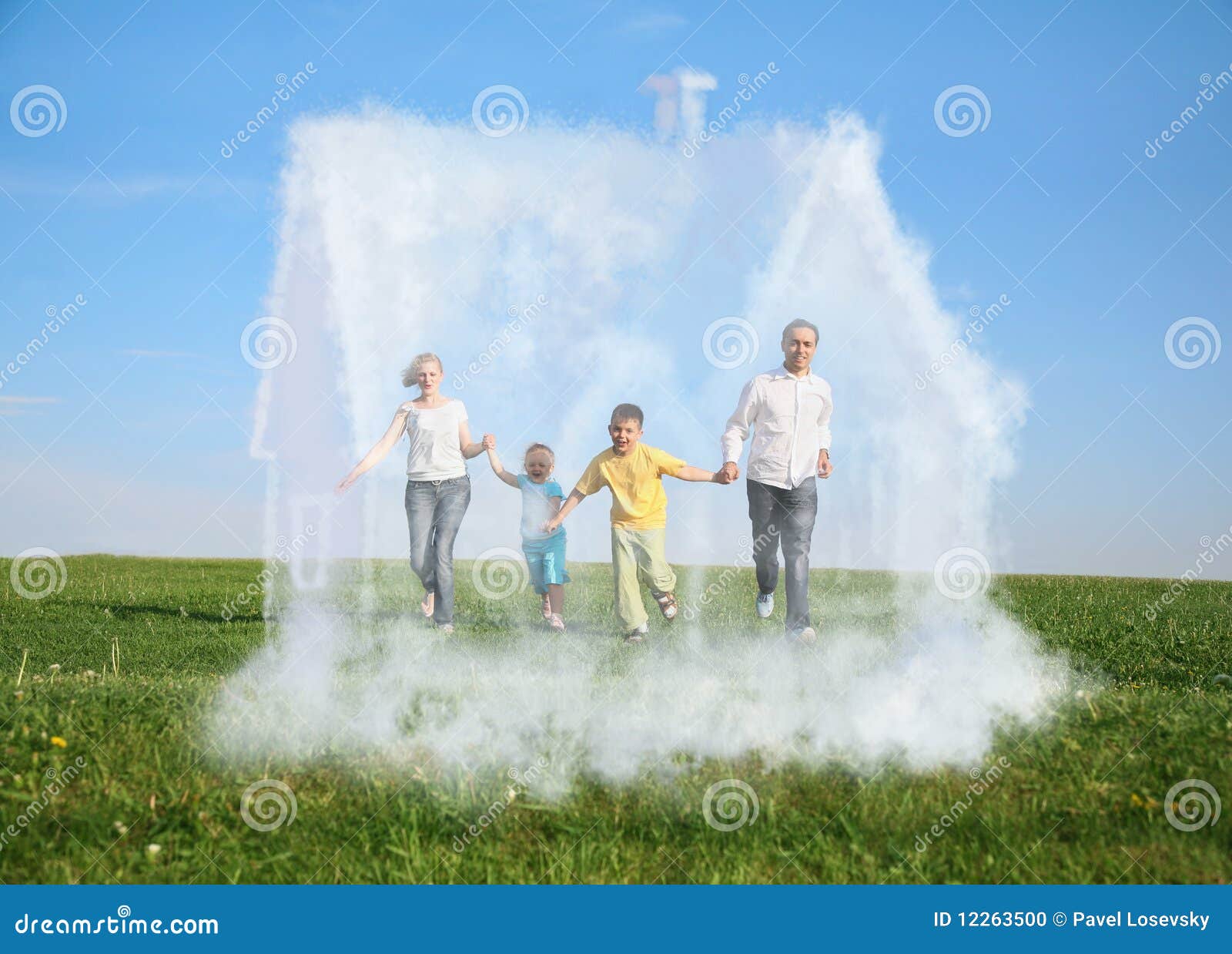 Family Running on Grass and Dream House Stock Photo - Image of person ...