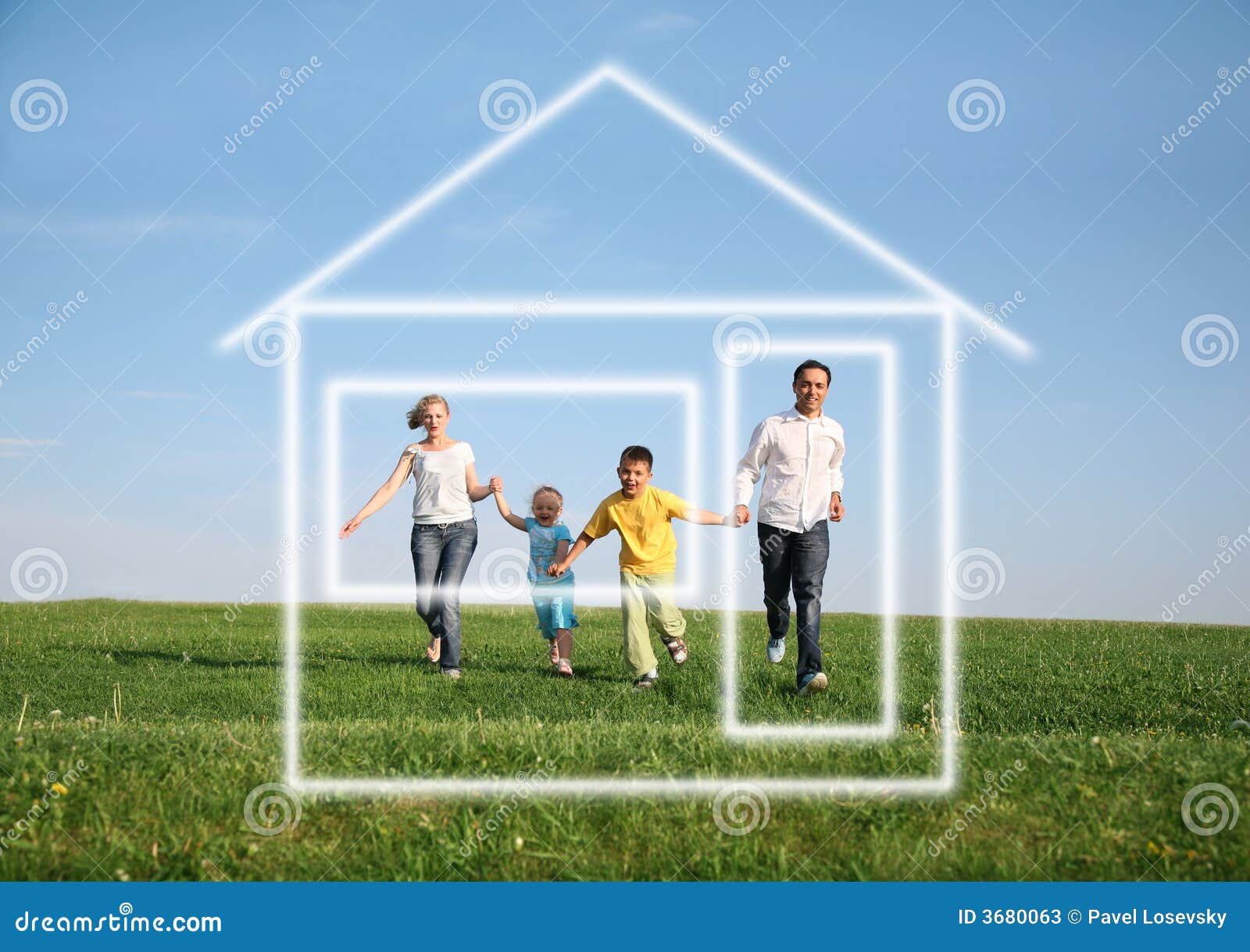 Family Running To Dream House Stock Image - Image of family, child: 3680063