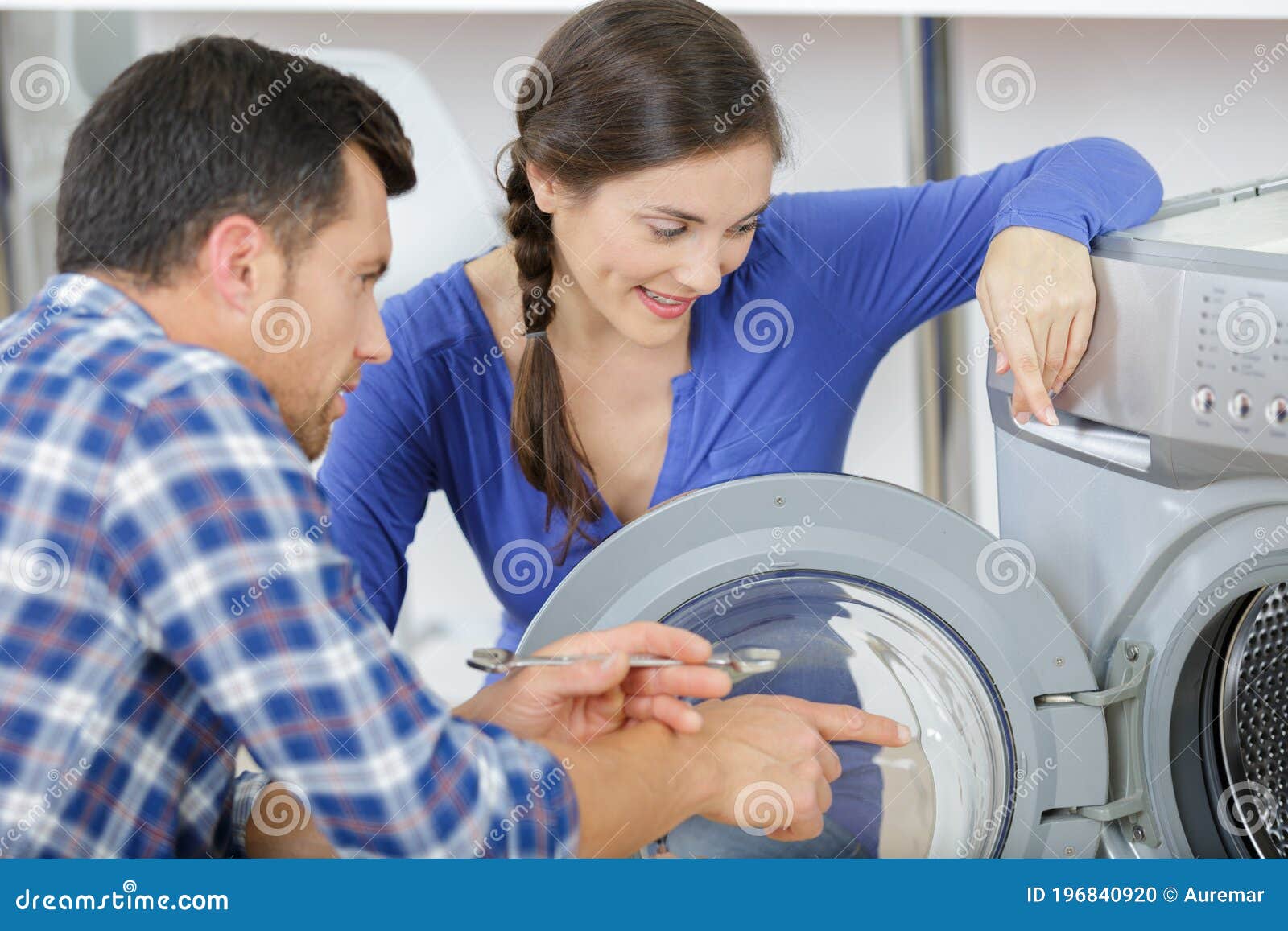 Family Selecting Modern Washing Machine in Hypermarket Stock Photo ...