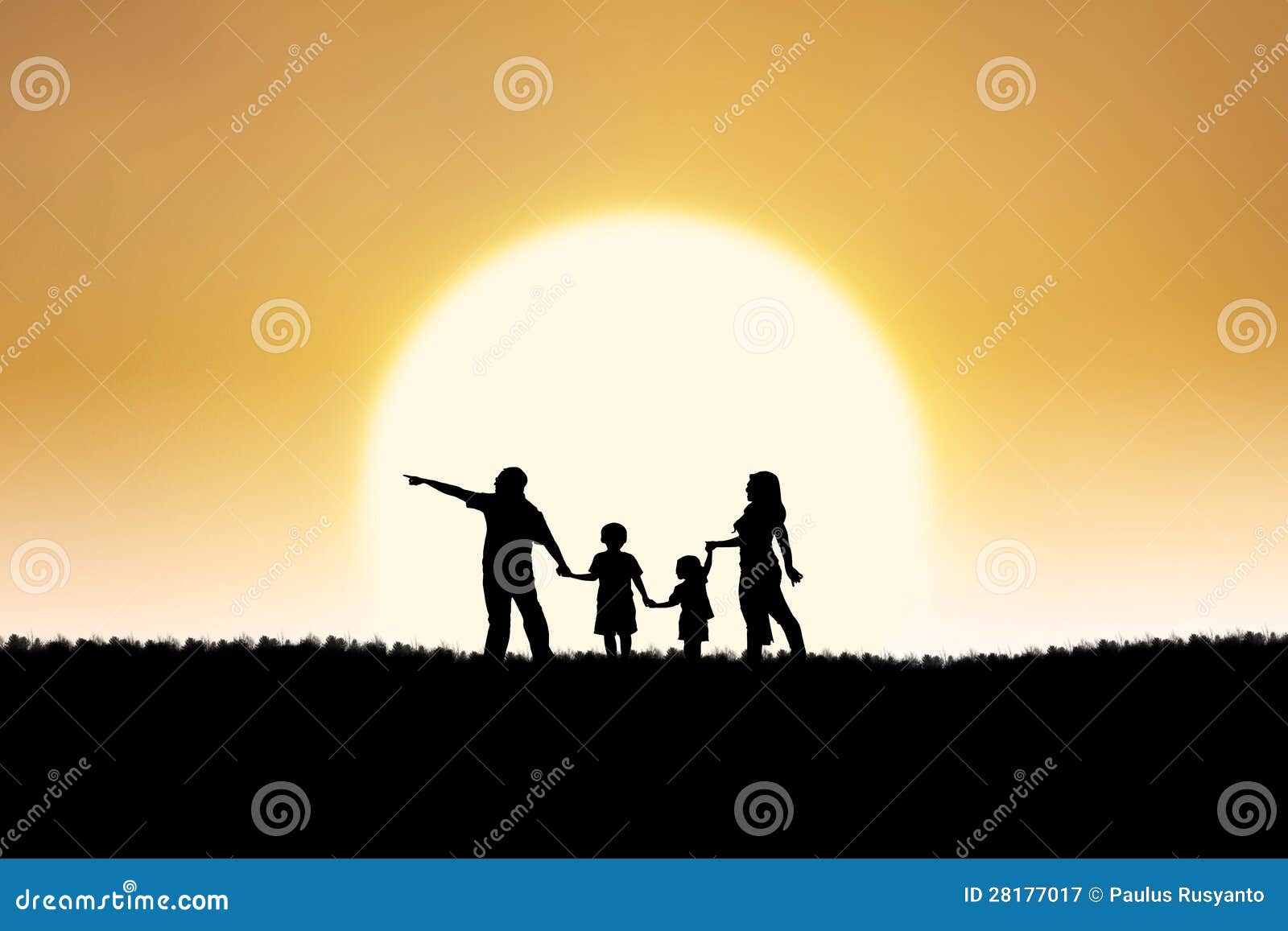 Family Silhouette on Sunset Stock Illustration - Illustration of four ...