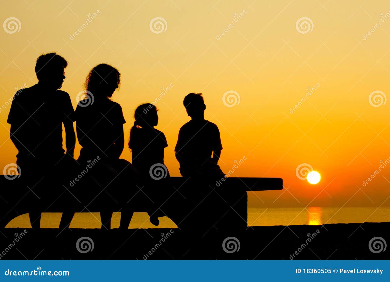 Family Sit on Bench on Beach Stock Image - Image of figure, shade: 18360505