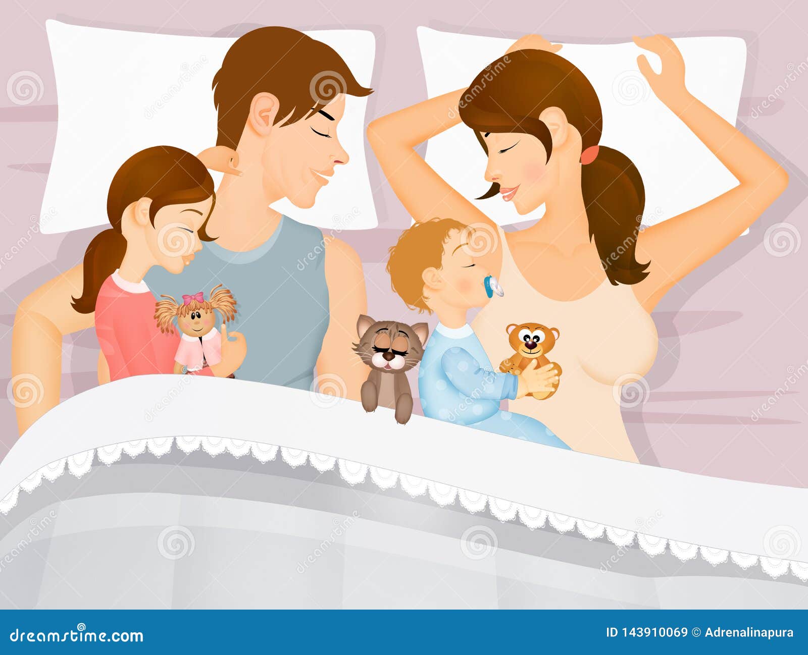 Family Sleeping Together in the Bed Stock Illustration - Illustration ...